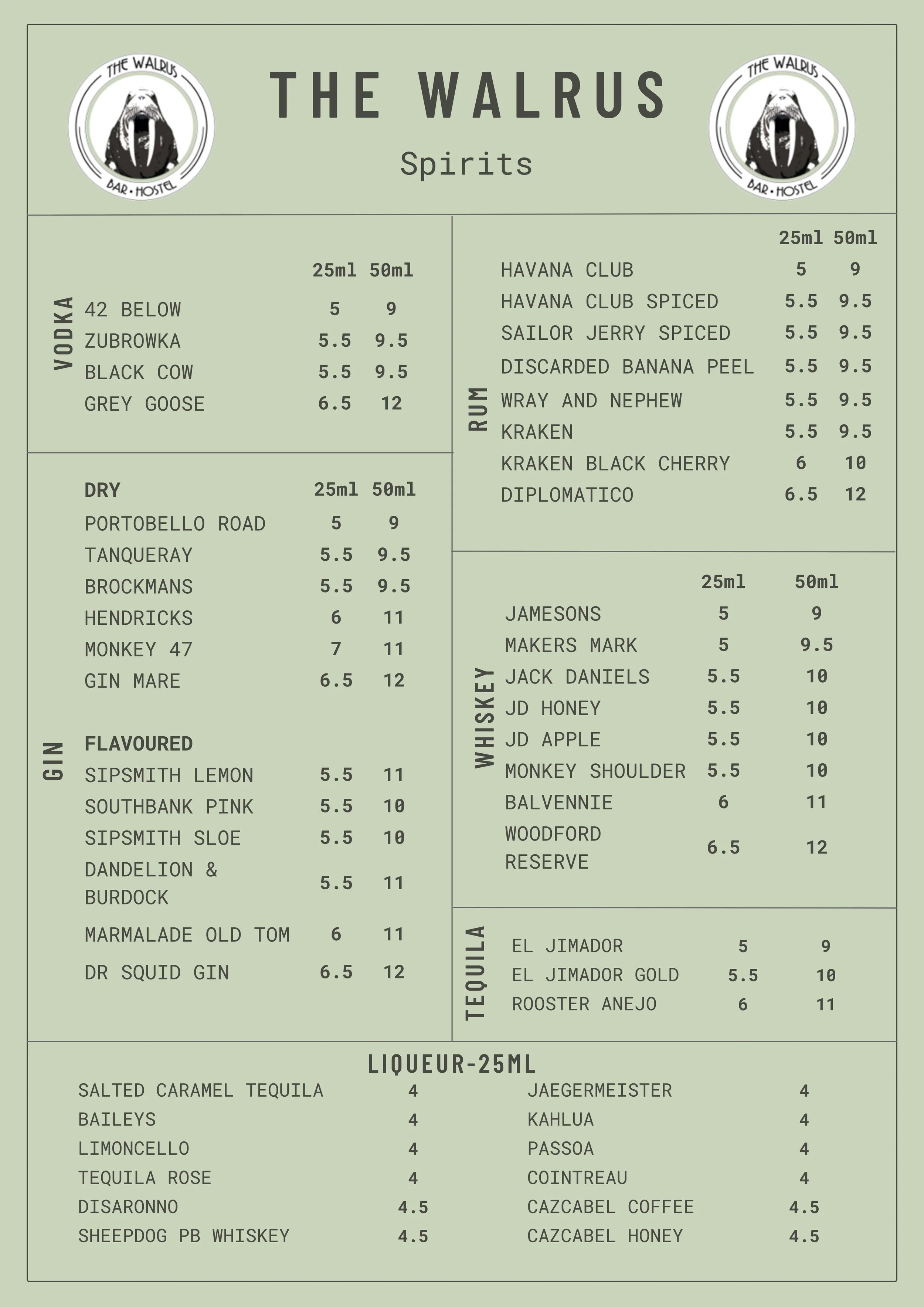 Bar Menu — The Walrus Bar & Hostel
