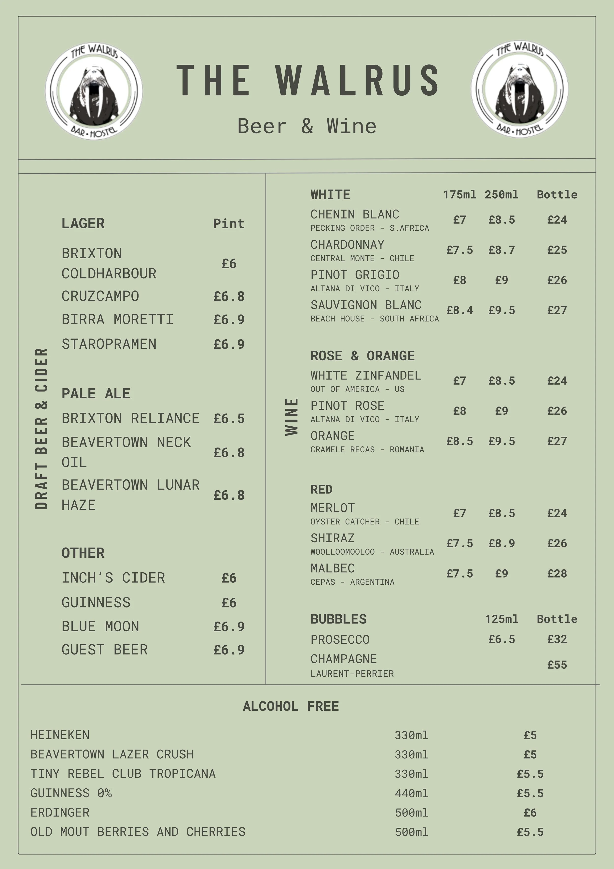 Bar Menu — The Walrus Bar & Hostel