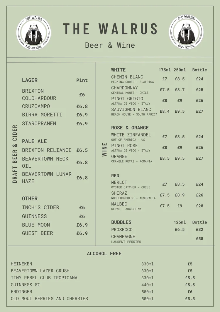 Bar Menu — The Walrus Bar & Hostel