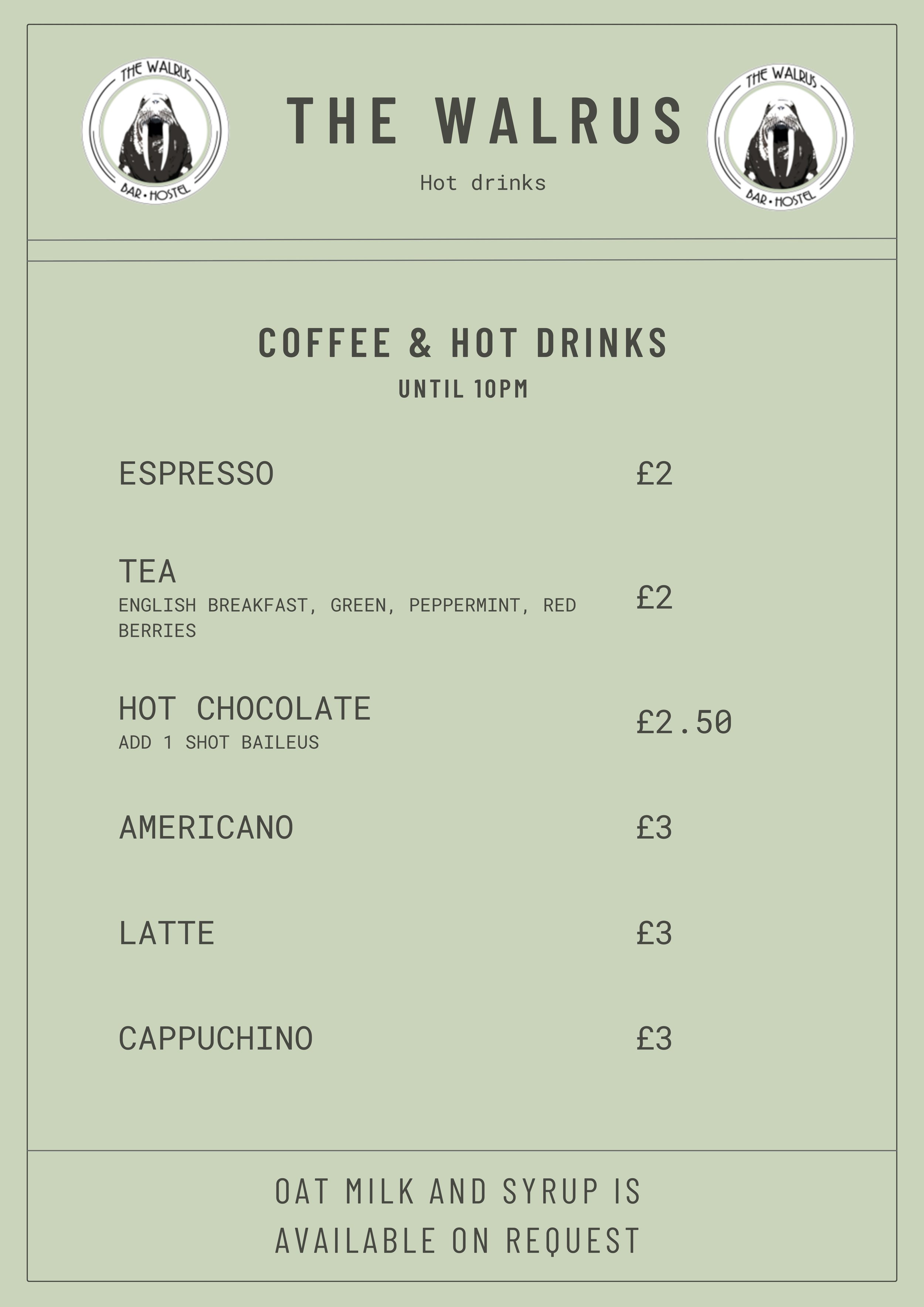 Bar Menu — The Walrus Bar & Hostel