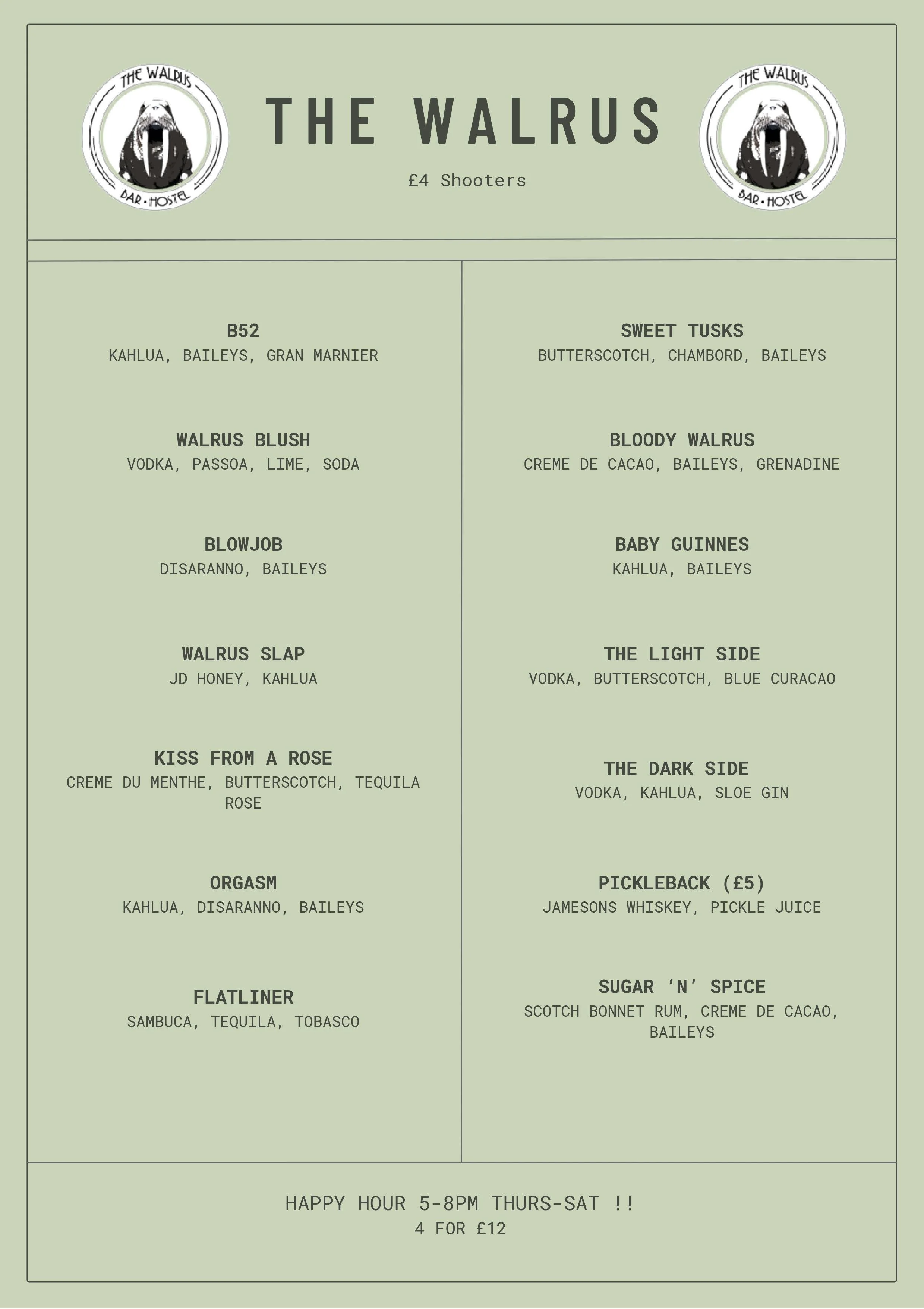 Bar Menu — The Walrus Bar & Hostel