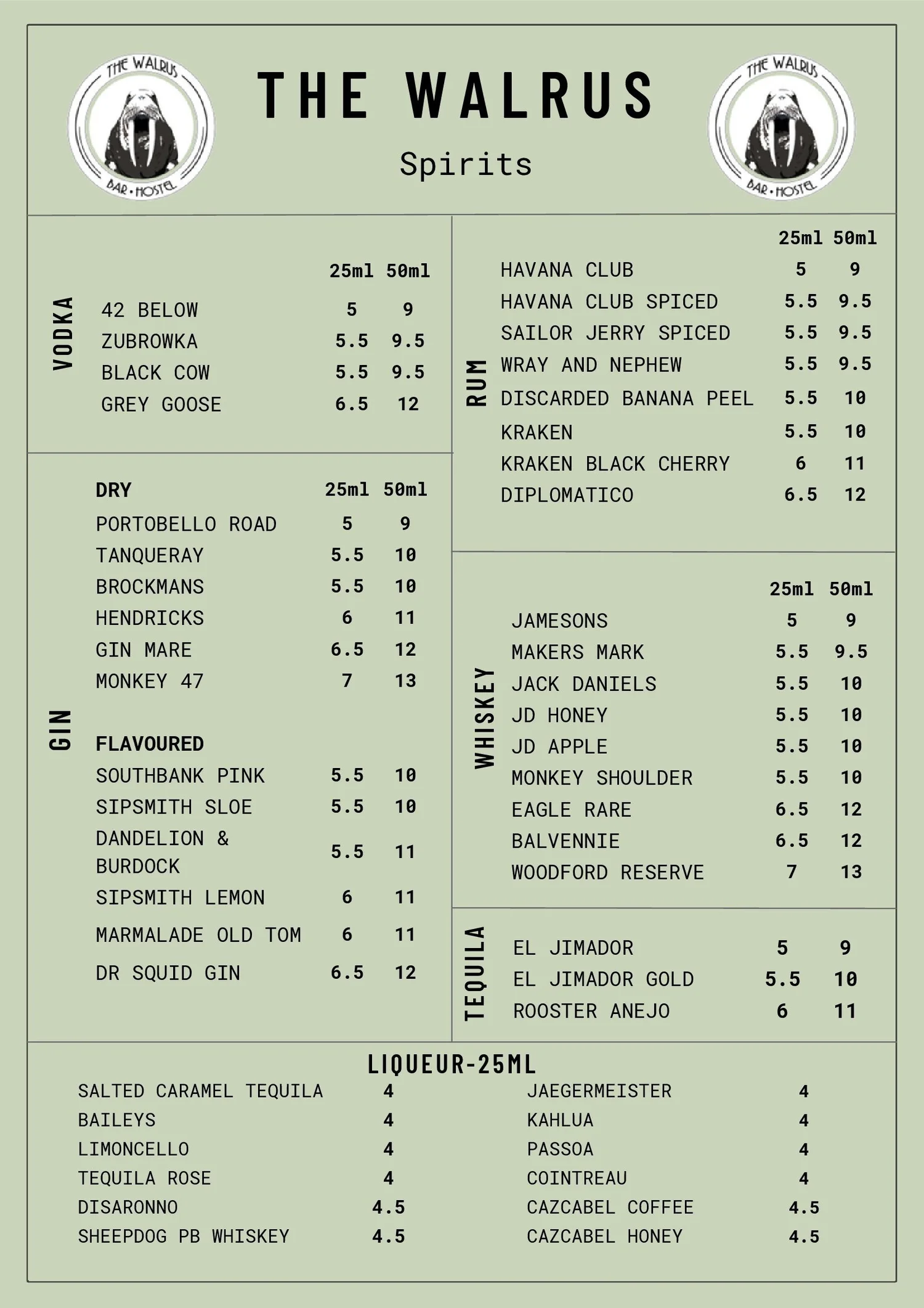 Bar Menu — The Walrus Bar & Hostel