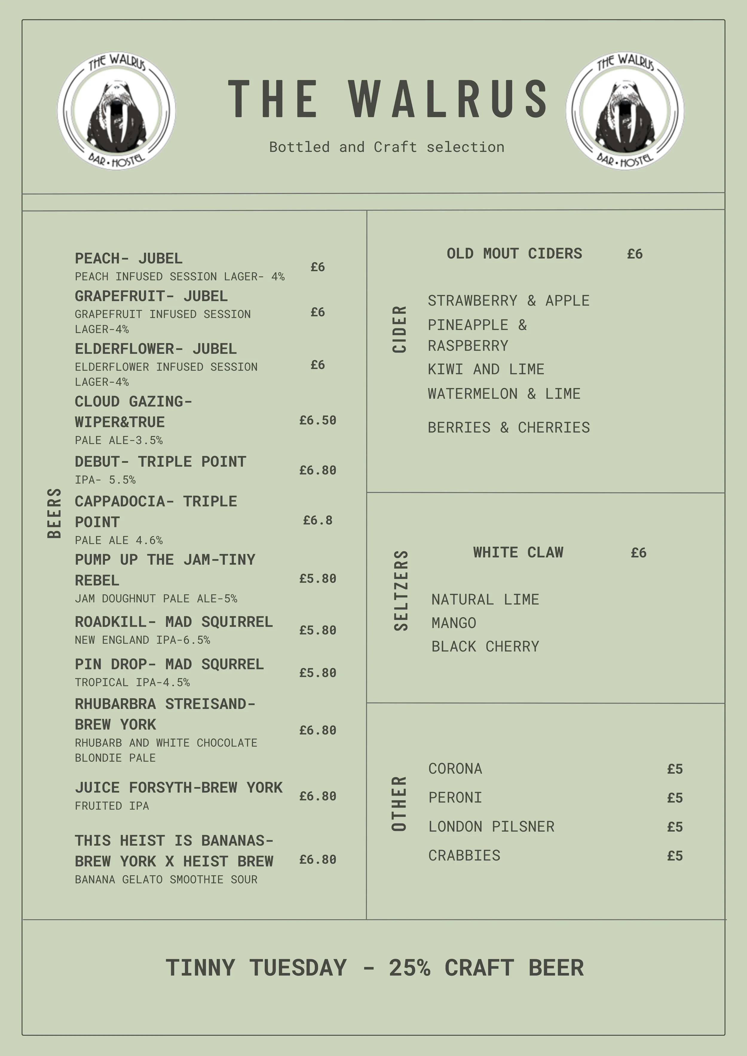 Bar Menu — The Walrus Bar & Hostel