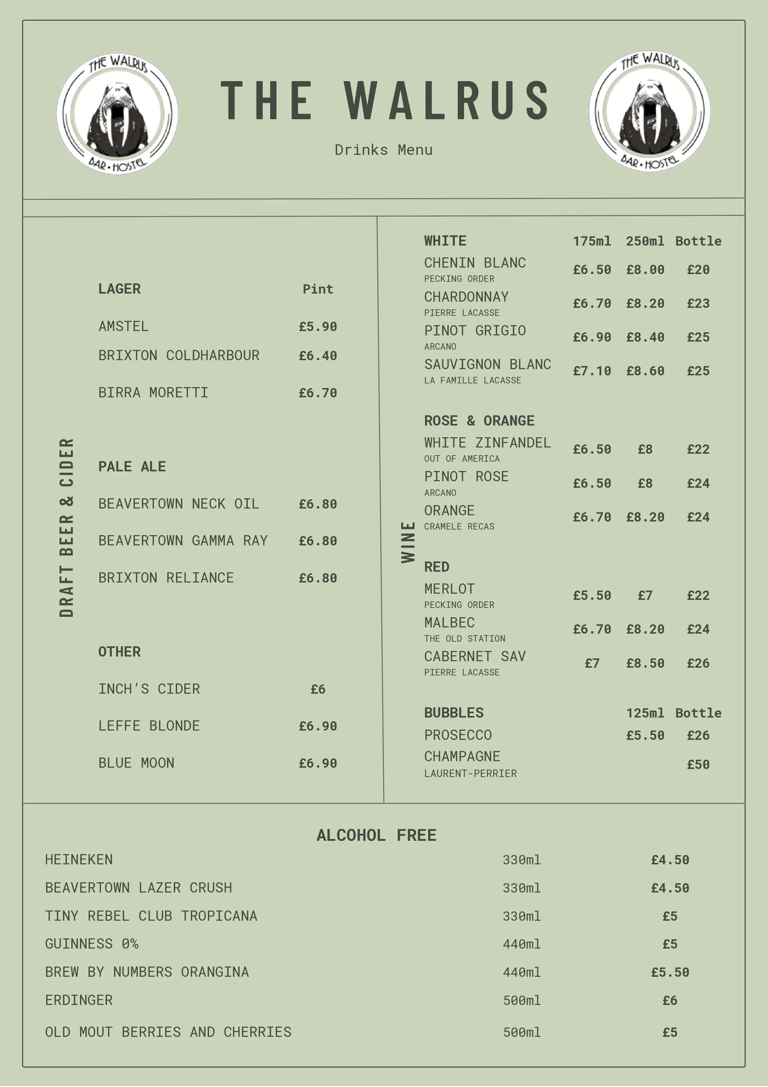 Bar Menu — The Walrus Bar & Hostel