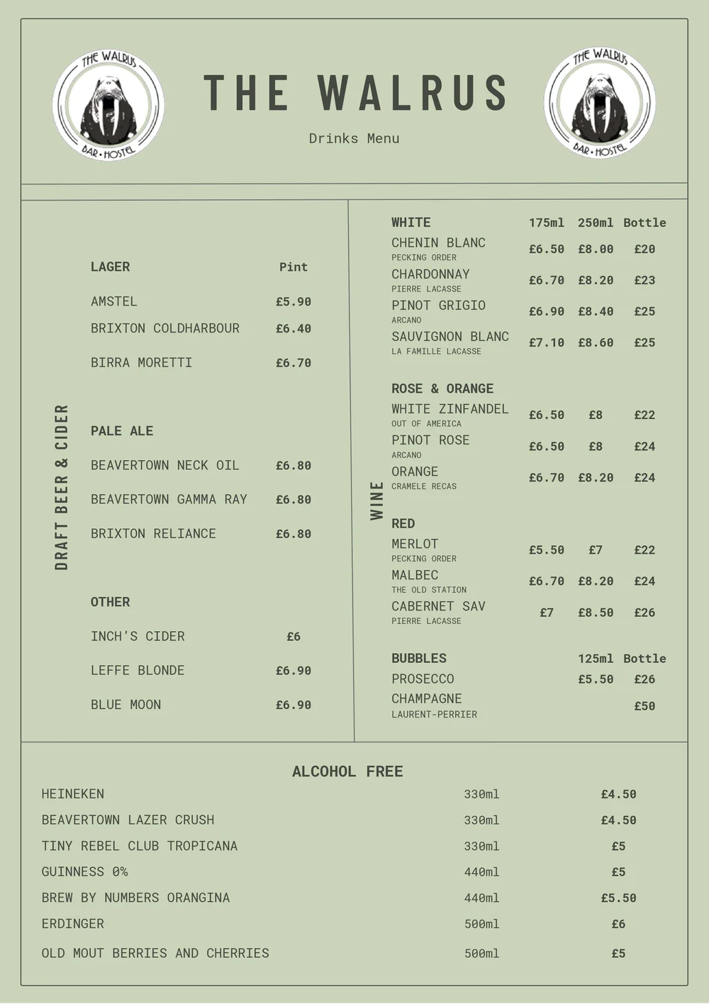 Bar Menu — The Walrus Bar & Hostel
