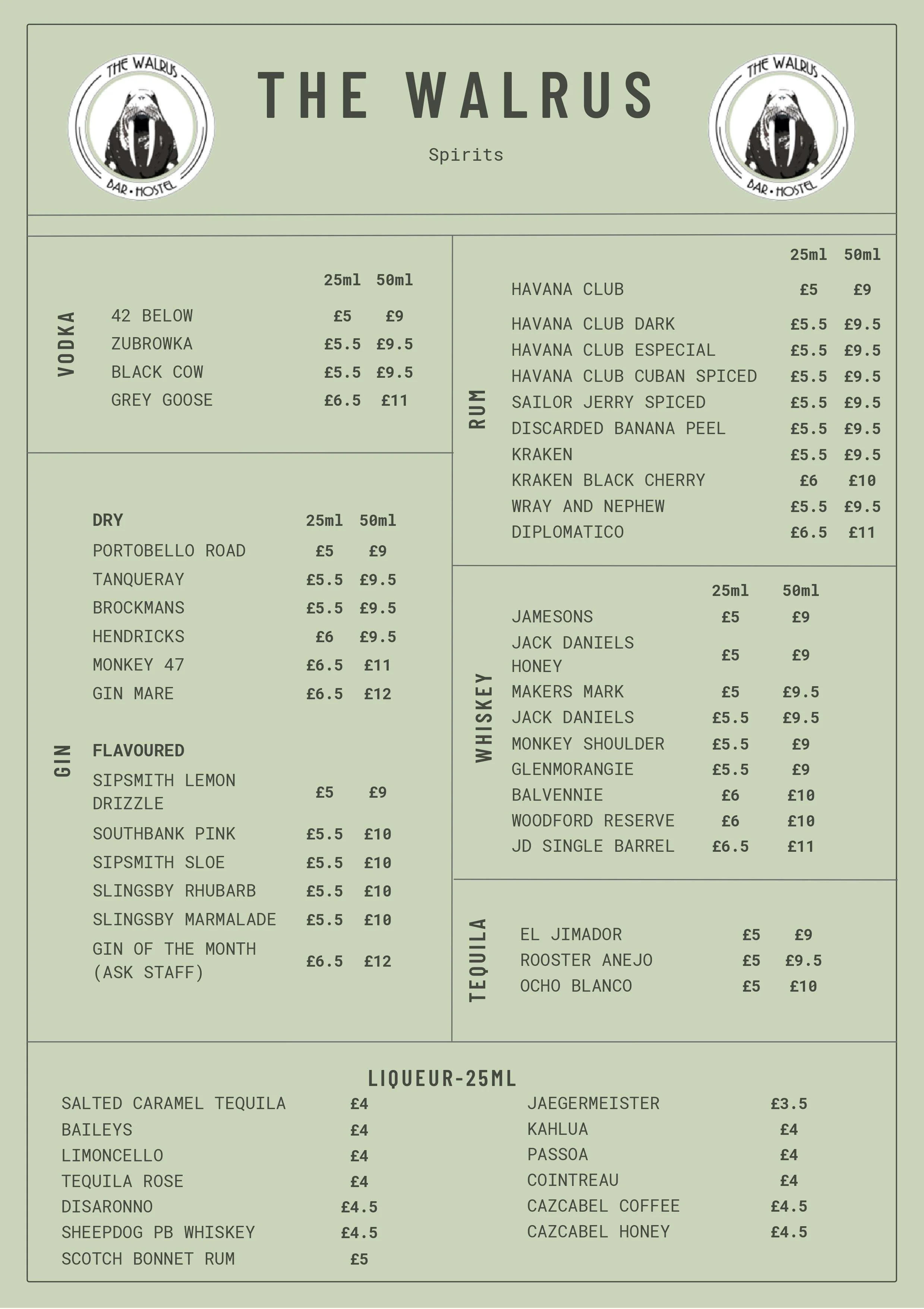 Bar Menu — The Walrus Bar & Hostel