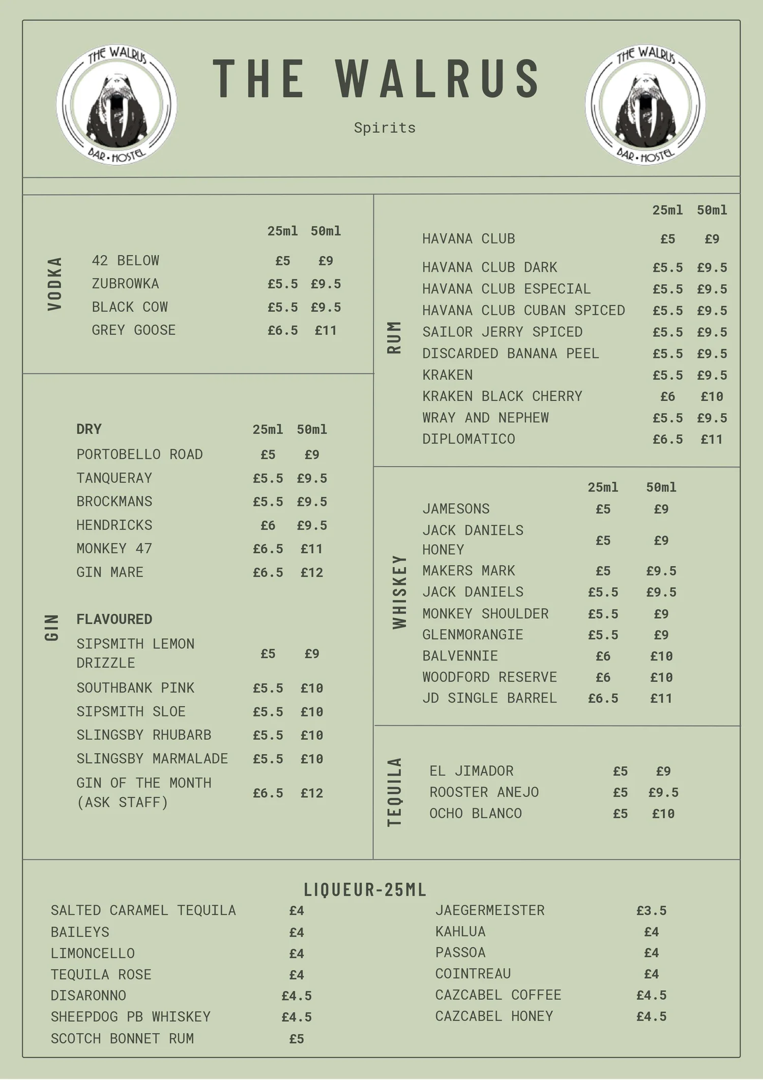 Bar Menu — The Walrus Bar & Hostel