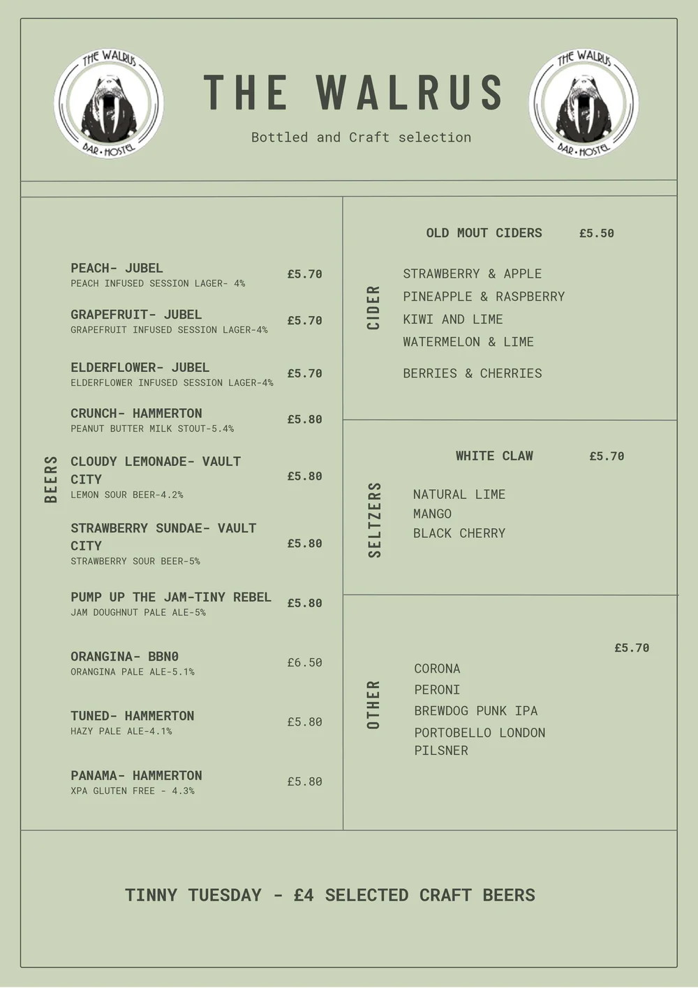 Bar Menu — The Walrus Bar & Hostel
