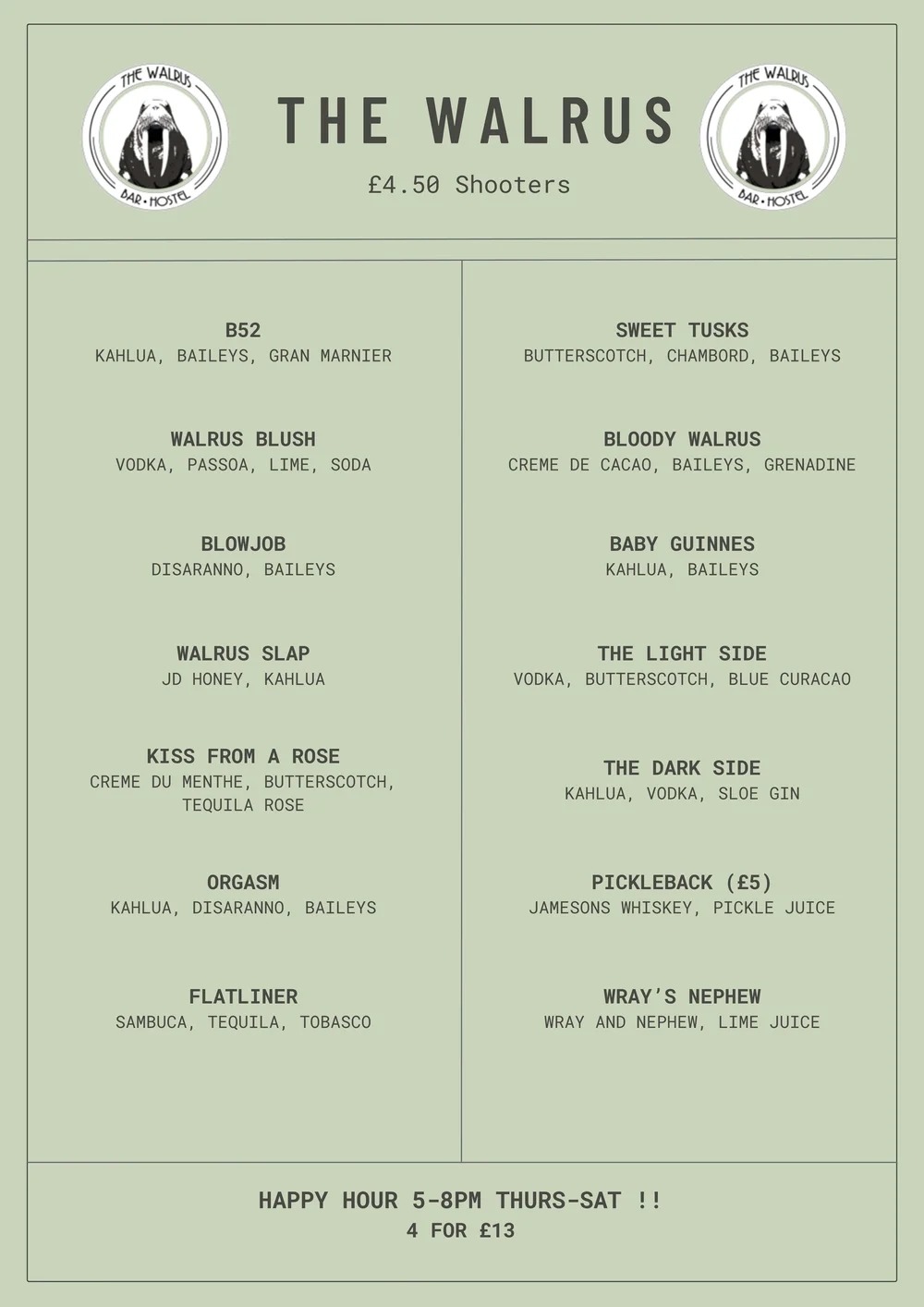 Bar Menu — The Walrus Bar & Hostel