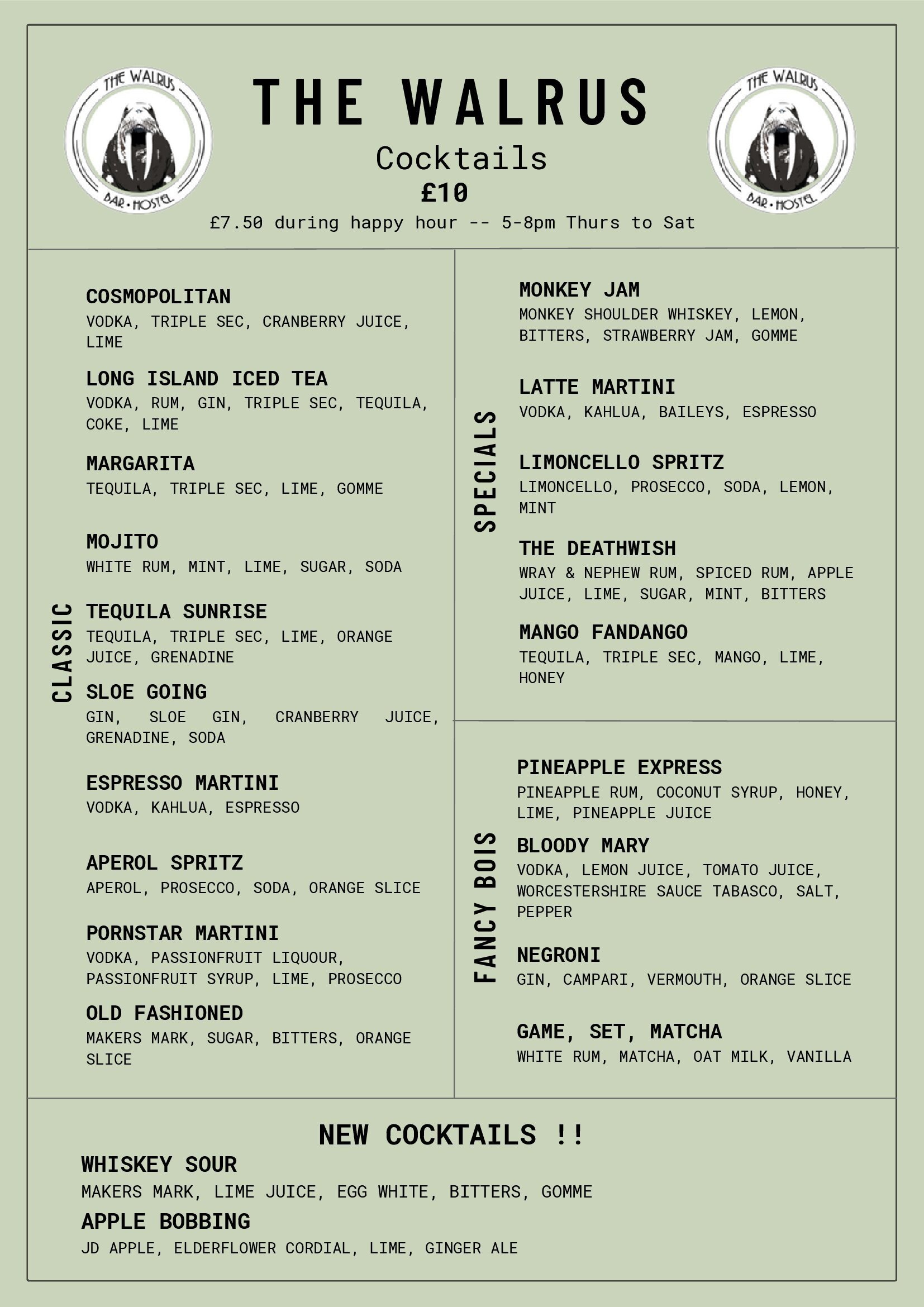 Bar Menu — The Walrus Bar & Hostel