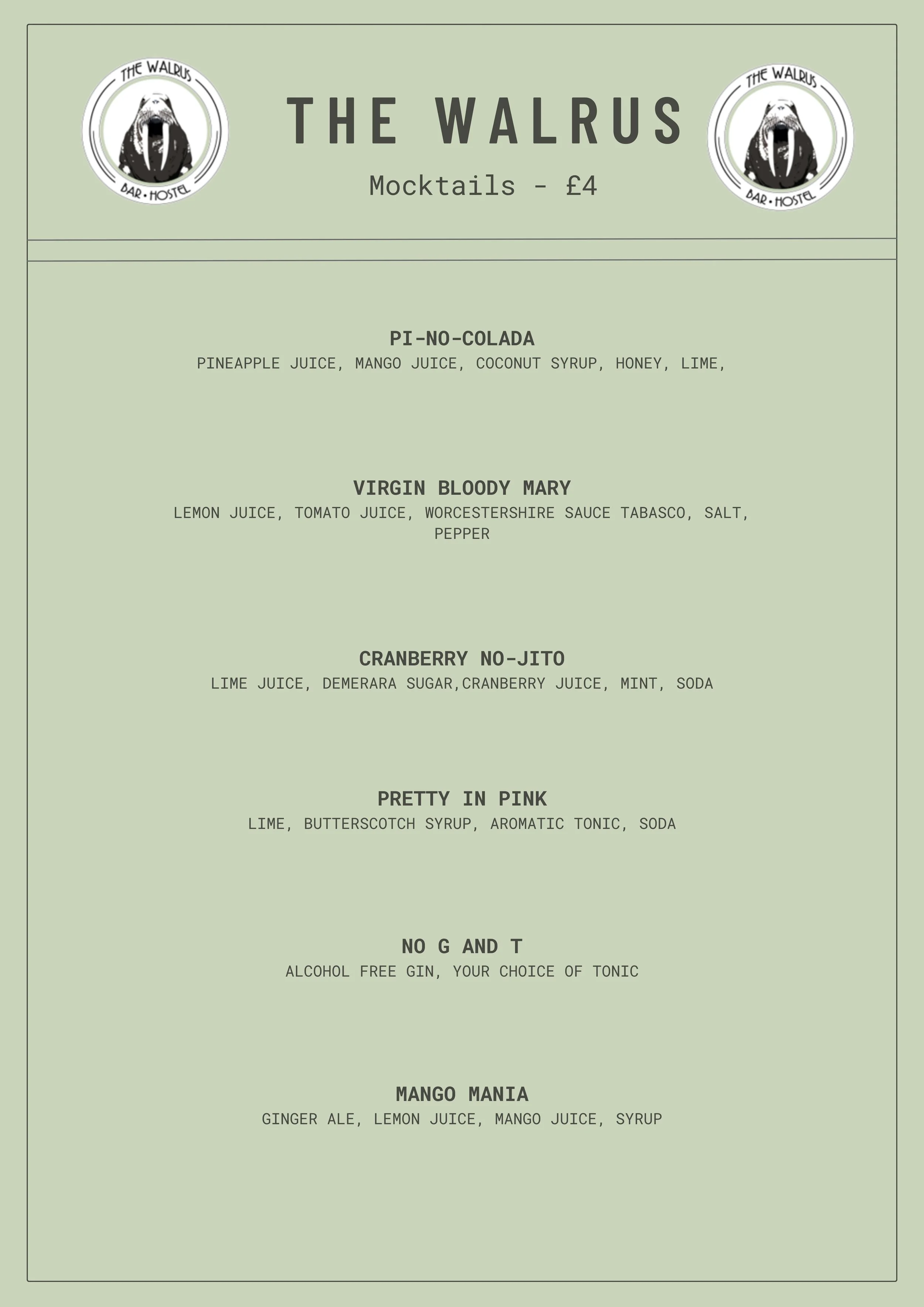 Bar Menu — The Walrus Bar & Hostel