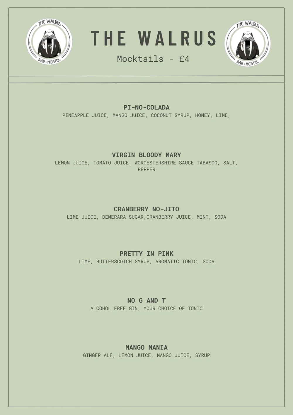 Bar Menu — The Walrus Bar & Hostel