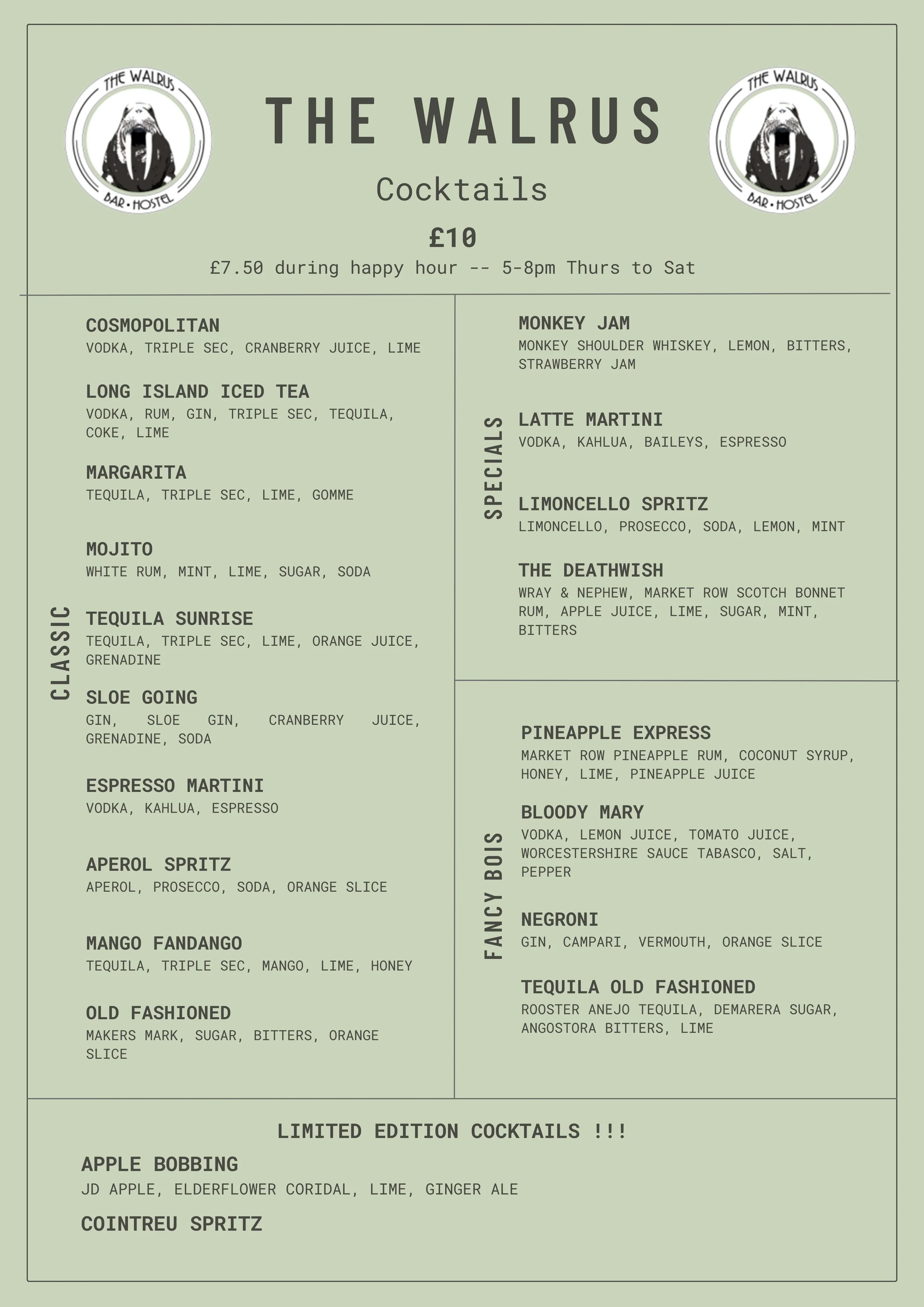 Bar Menu — The Walrus Bar & Hostel