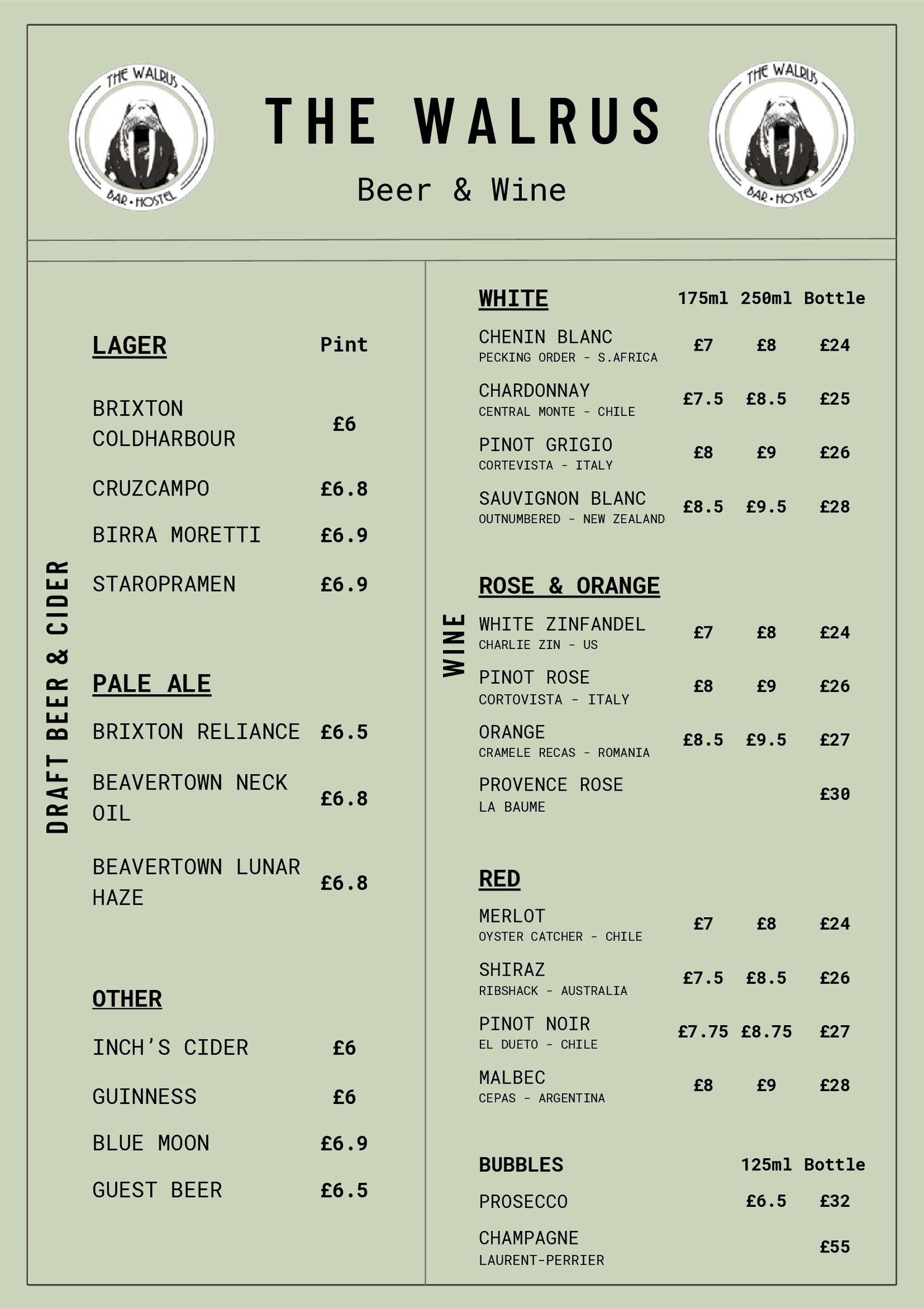 Bar Menu — The Walrus Bar & Hostel