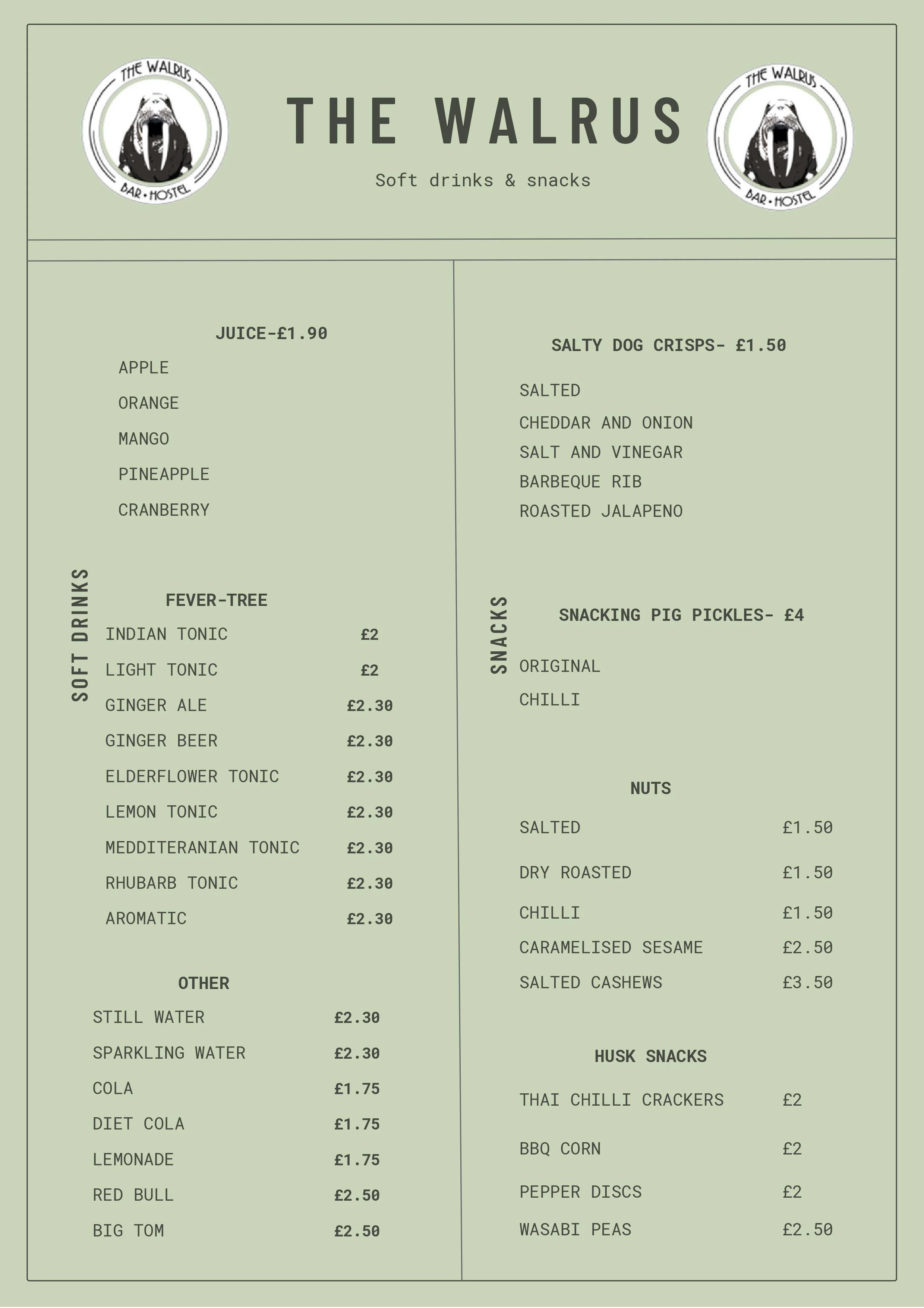 Bar Menu — The Walrus Bar & Hostel