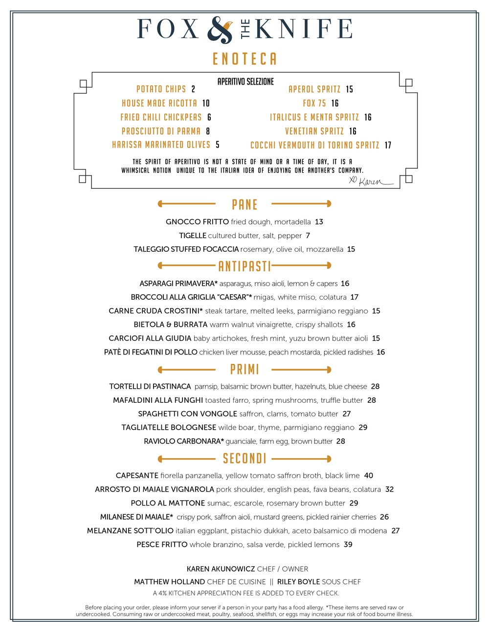 Menus — Fox & the Knife