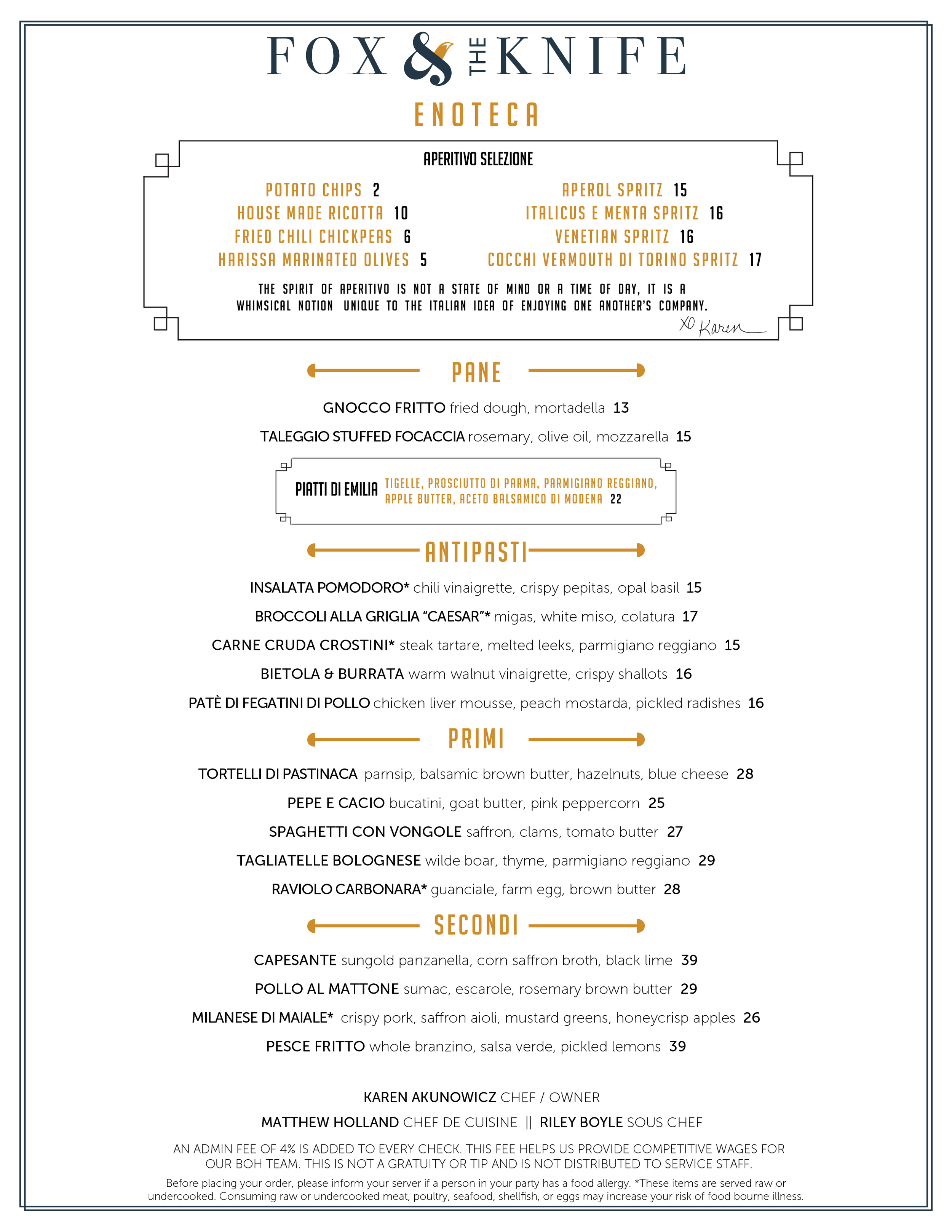 Menus — Fox & the Knife