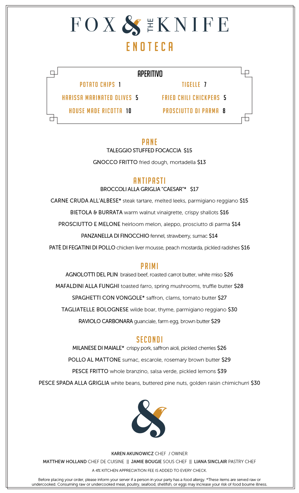 Menus — Fox & the Knife