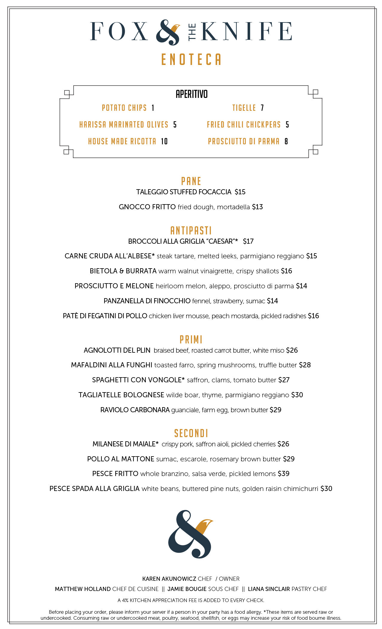 Menus — Fox & the Knife