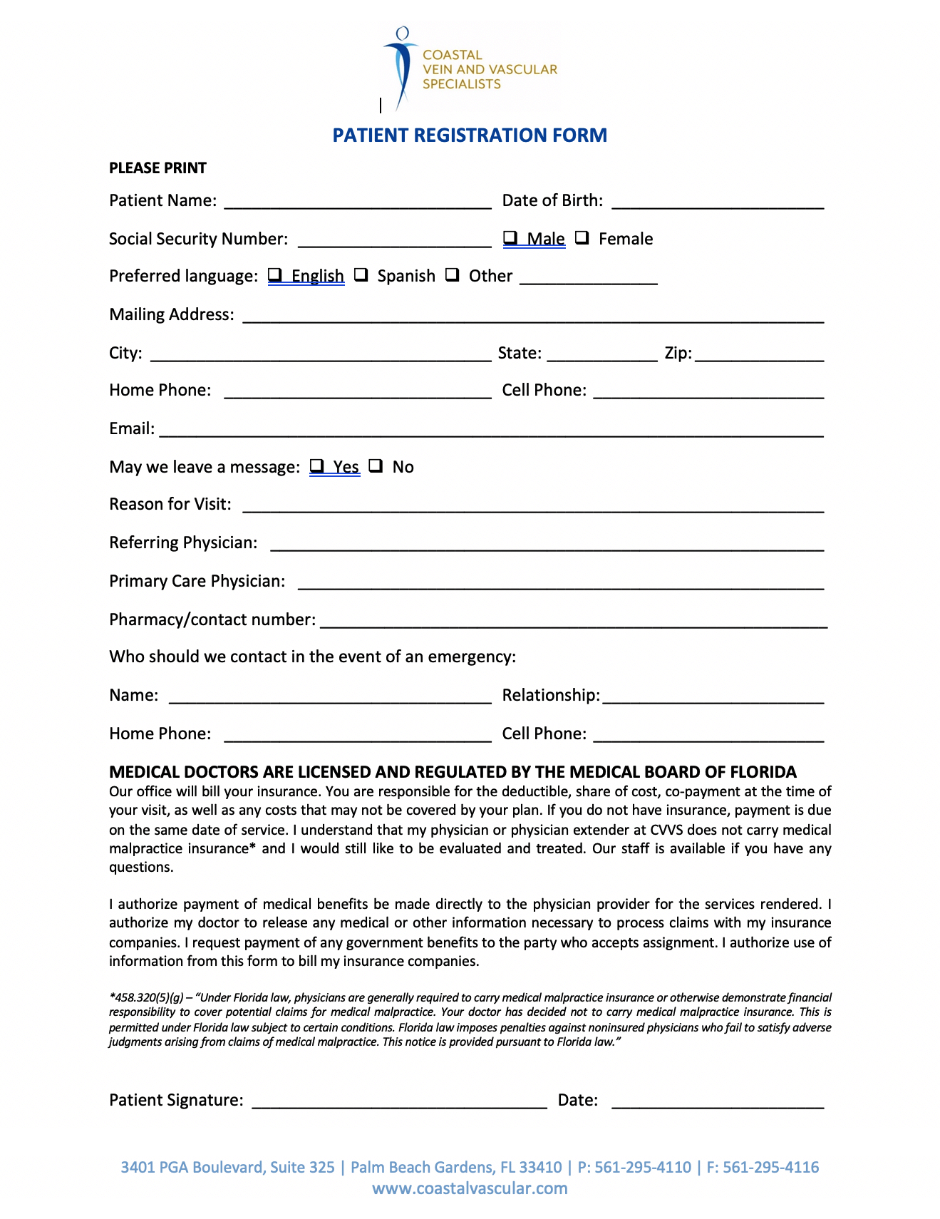 Patient Forms | Coastal Vein and Vascular Specialists