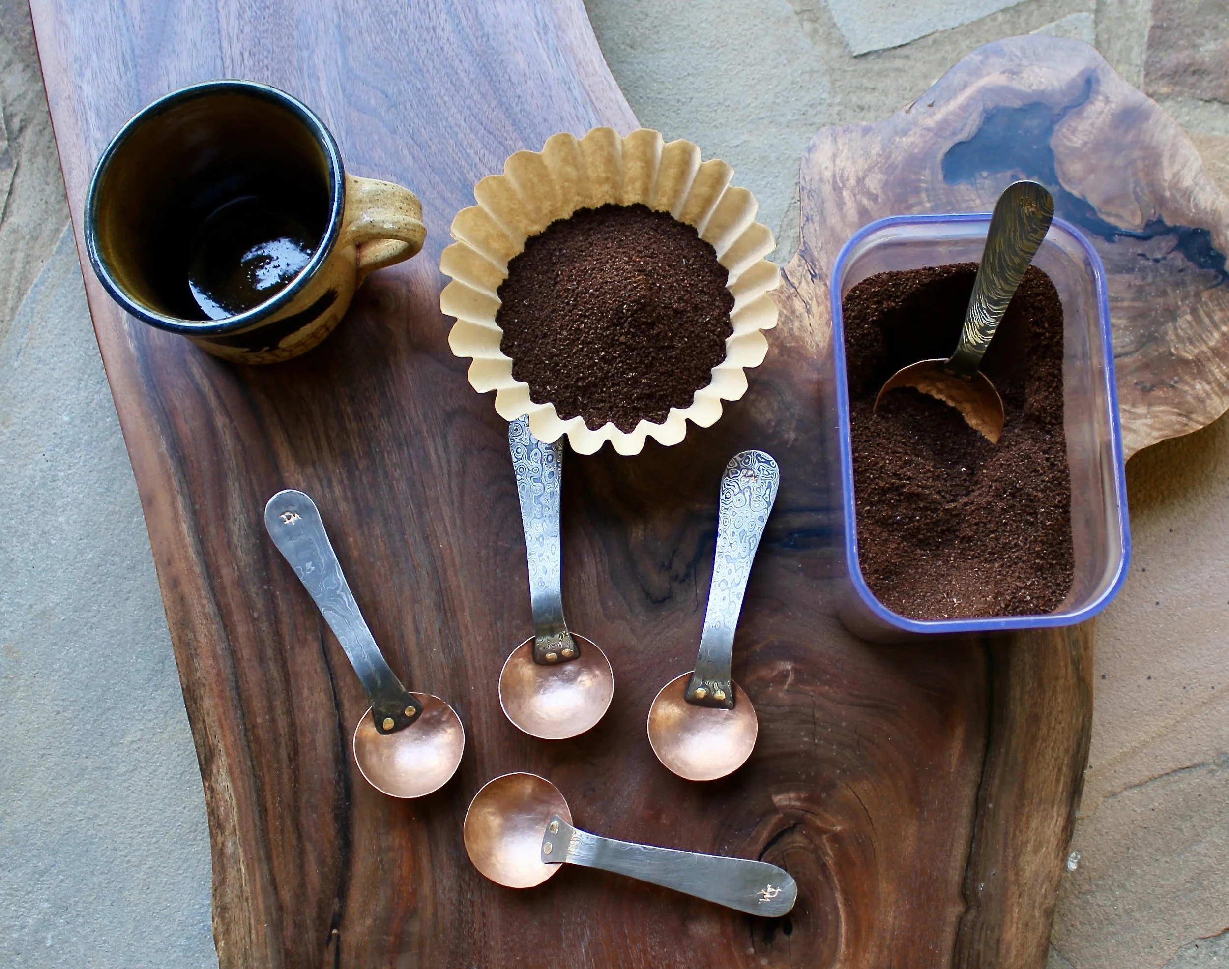 Copper/Damascus Steel/Brass Coffee Scoops — Cattle Dog Forge