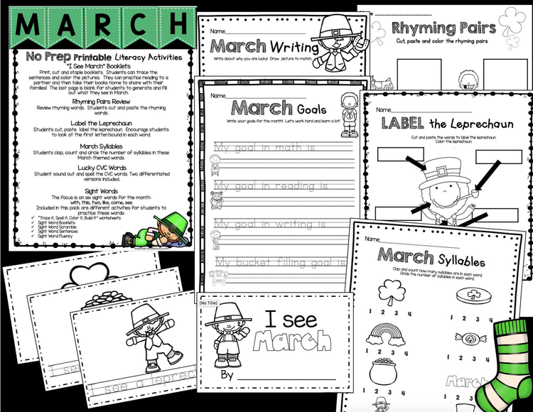 March Math & ELA Kindergarten Pack - No Prep FREEBIES — Keeping My ...