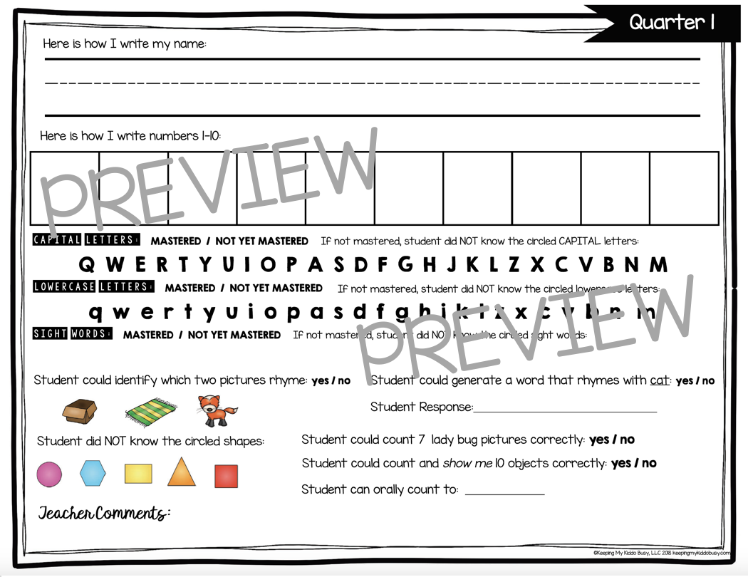 Kindergarten Report Card and Assessment Kit - FREEBIE — Keeping My ...