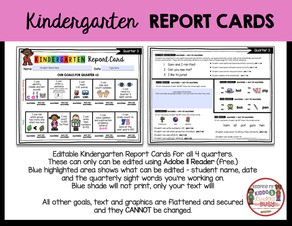 Kindergarten Report Card and Assessment Kit - FREEBIE — Keeping My ...