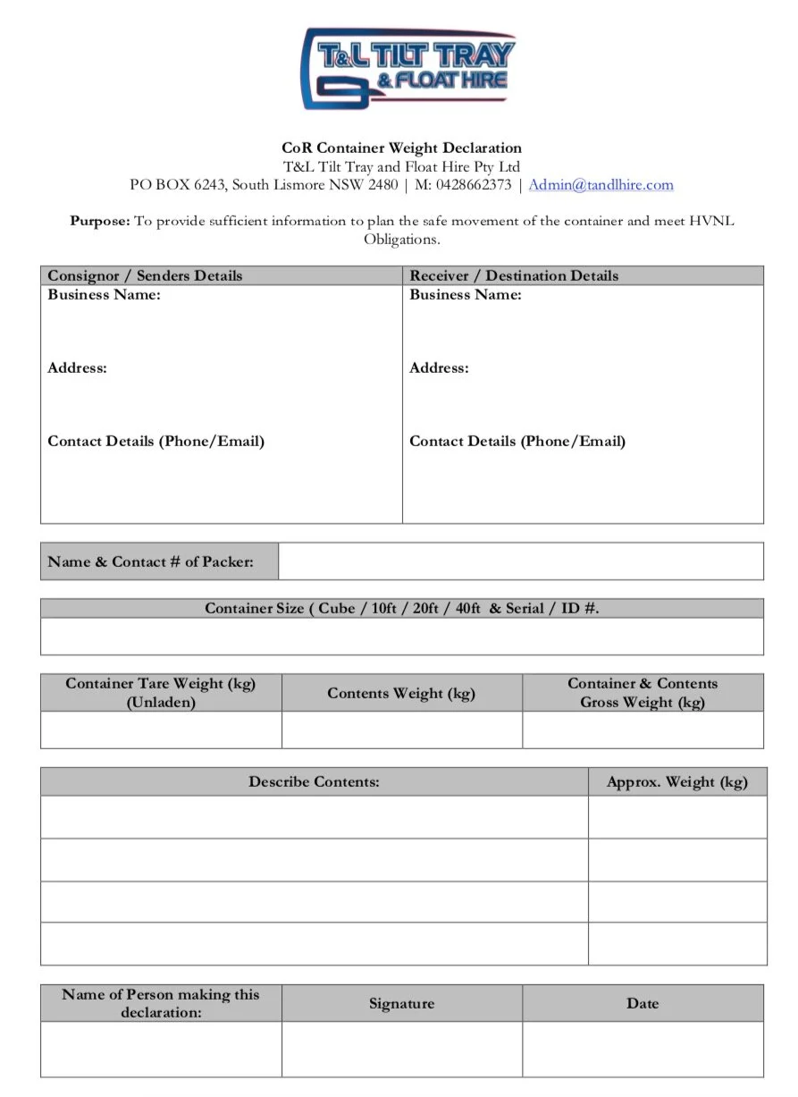 Container Weight Declarations (CWD) — T&L TILT TRAY AND FLOAT HIRE