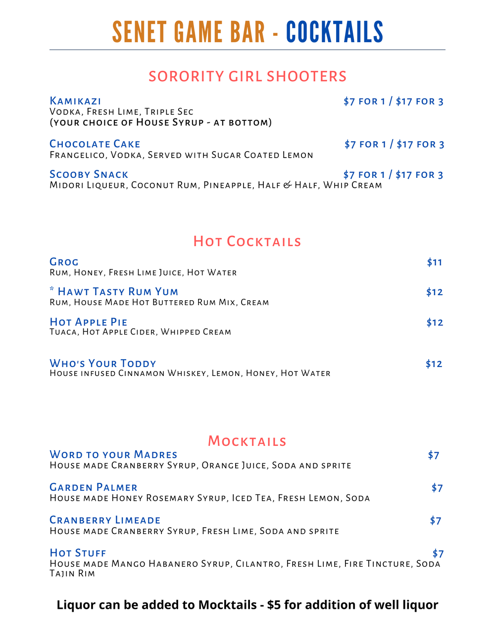 COCKTAILS — Senet Game Bar