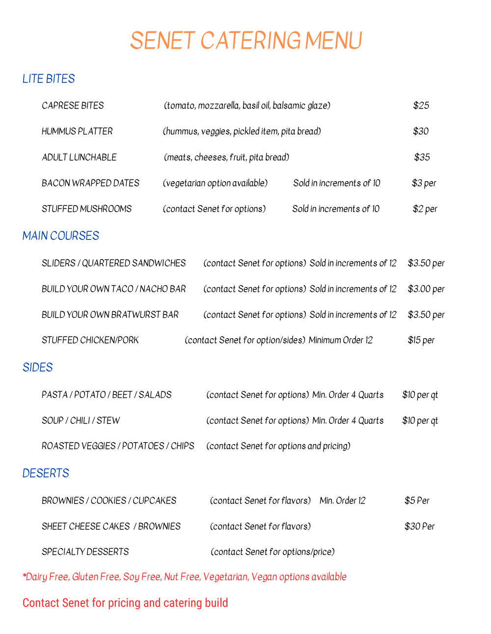CATERING — Senet Game Bar