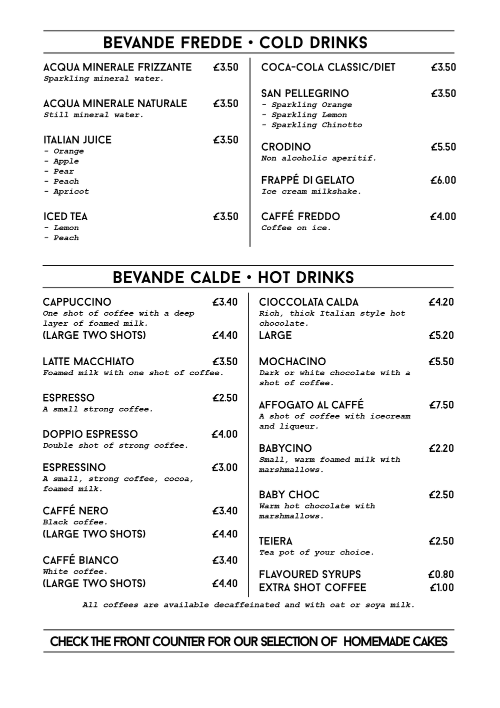 Menu — Cofano Caffé