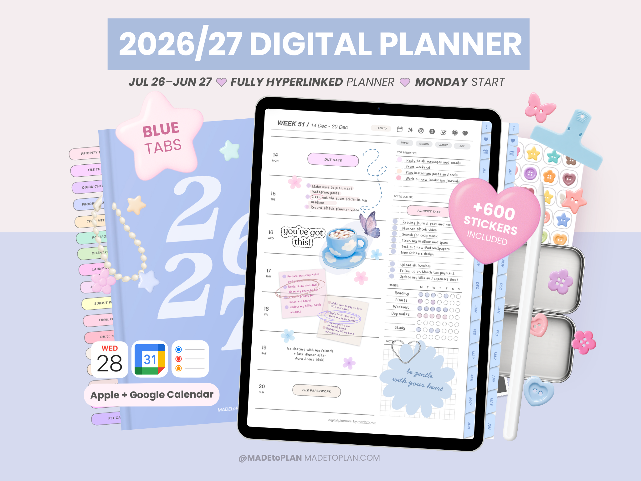 2026-2027 Planner BLUE Tabs - 2026 Digital Planners by MADEtoPLAN