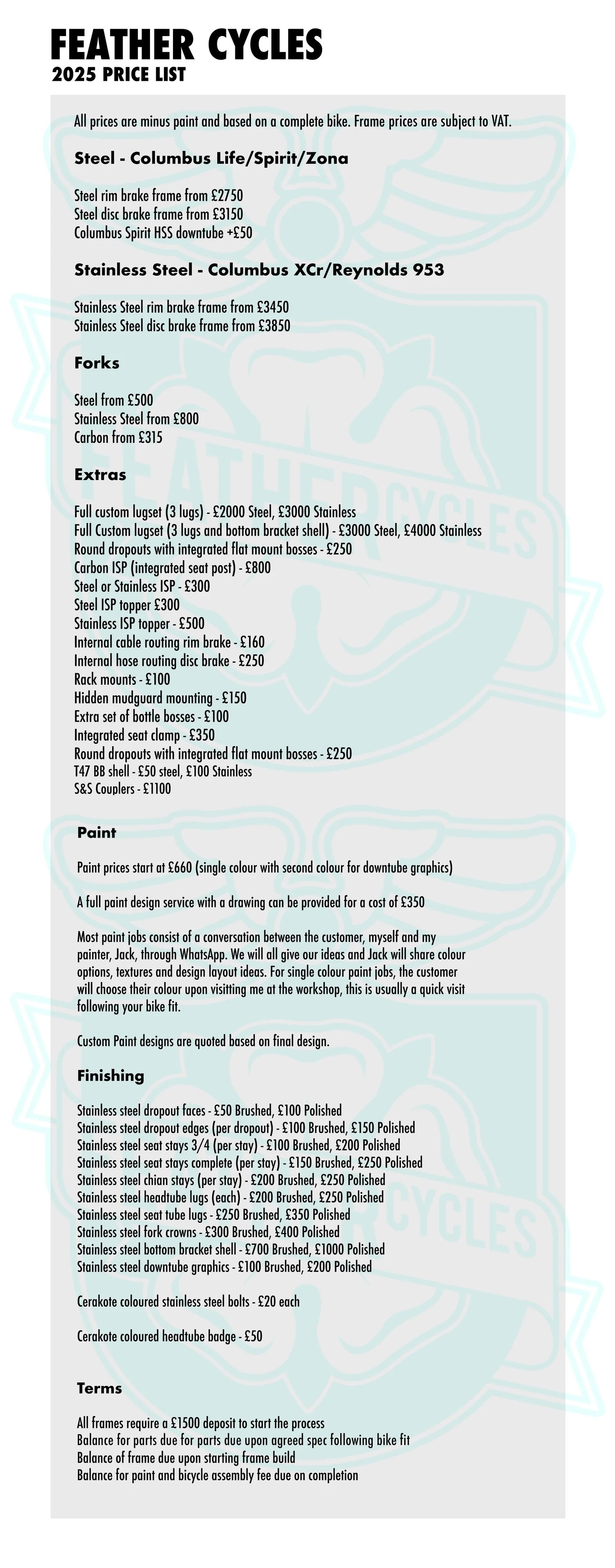 PRICELIST — Feather Cycles