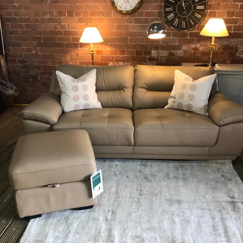 Fabb Beige Leather and Footstool | Three Seater — Supa Sofa Leeds