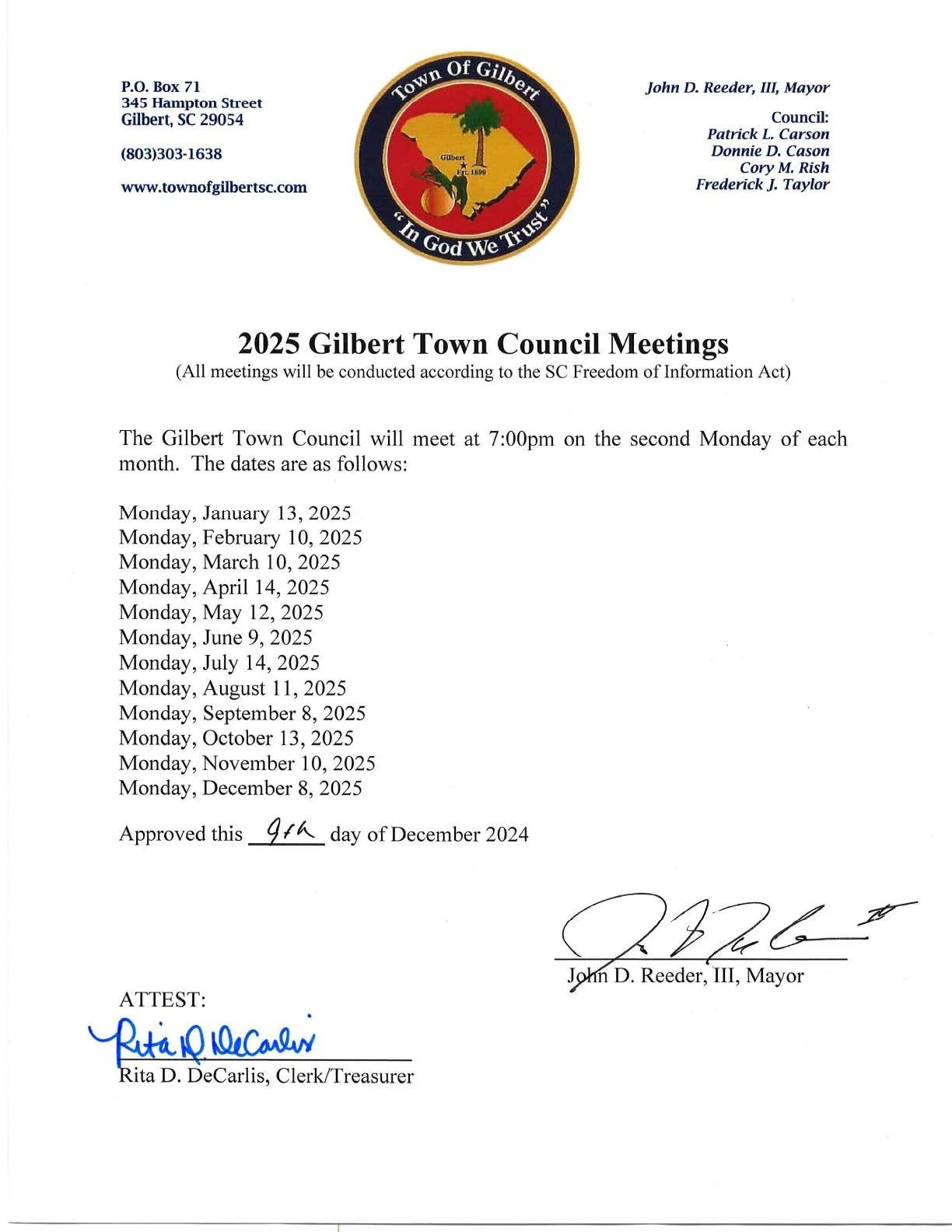 2025 GILBERT TOWN COUNCIL MEETING DATES — Town of Gilbert, SC