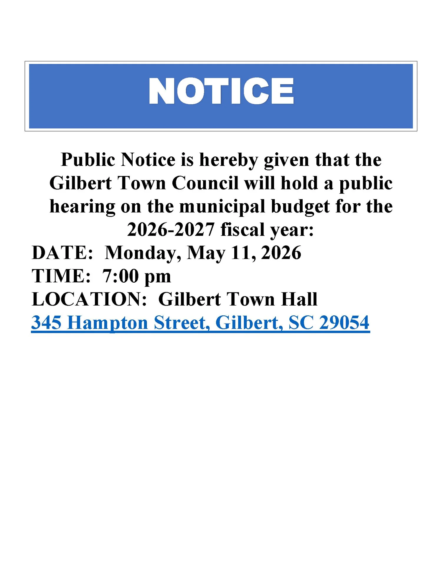 NEWS — Official Town News — Town of Gilbert, SC