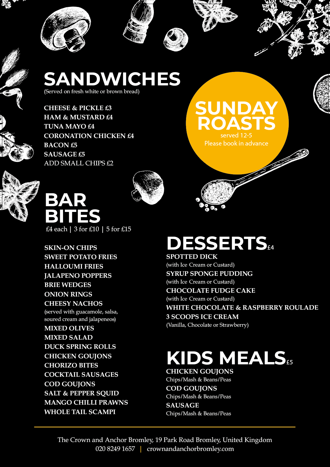 Menu — Crown and Anchor Bromley