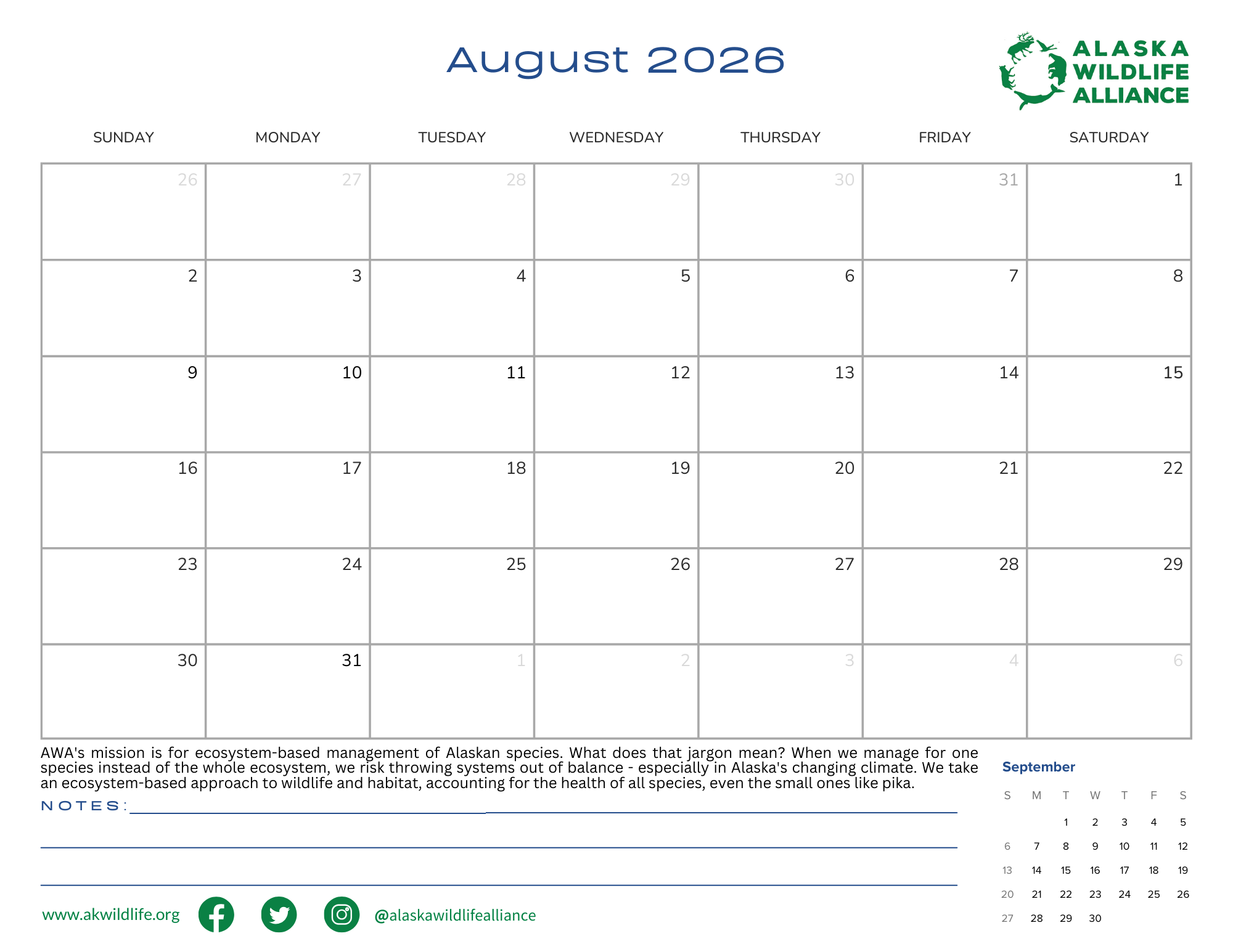 2026 Alaska Wildlife Calendar — Alaska Wildlife Alliance (AWA)
