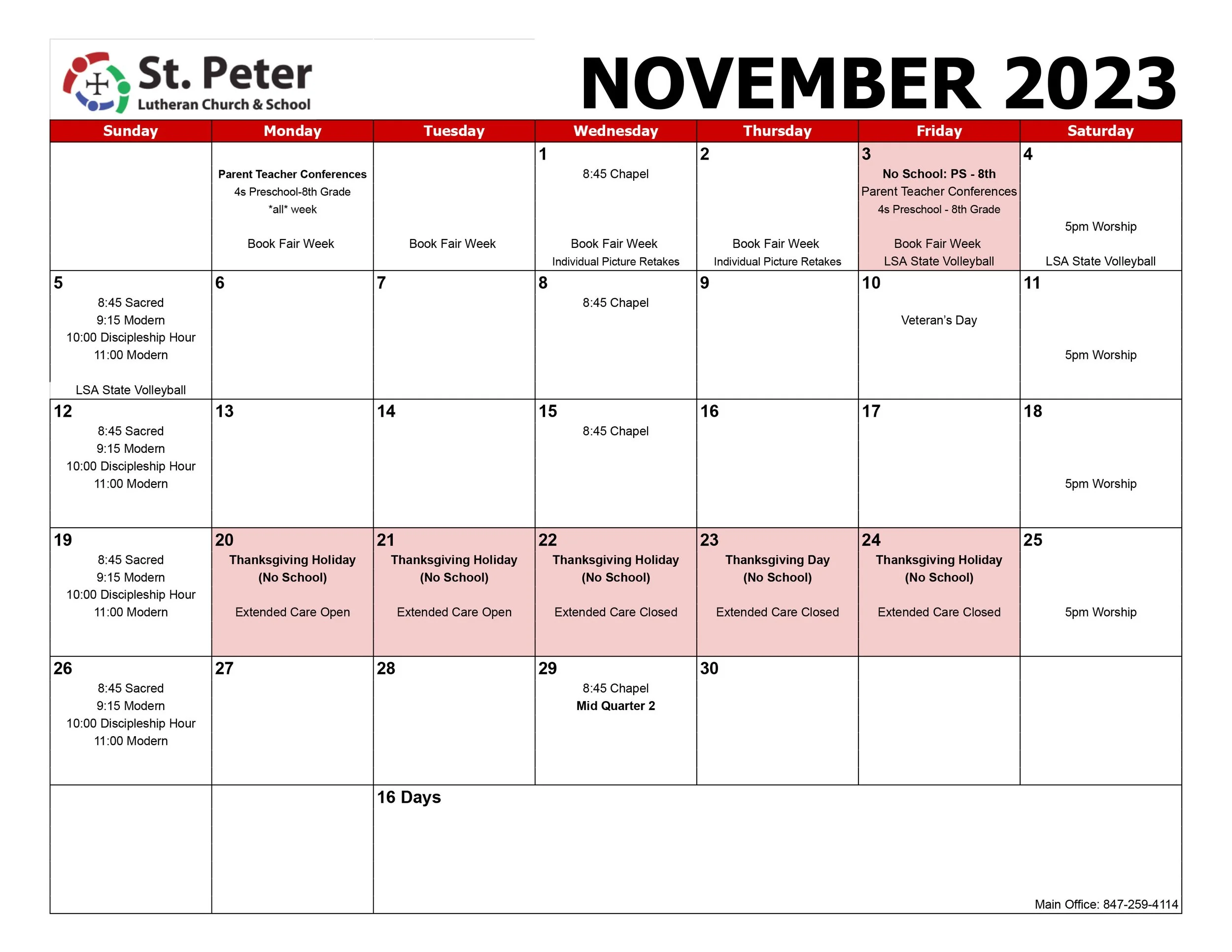 Calendar — St. Peter Lutheran School