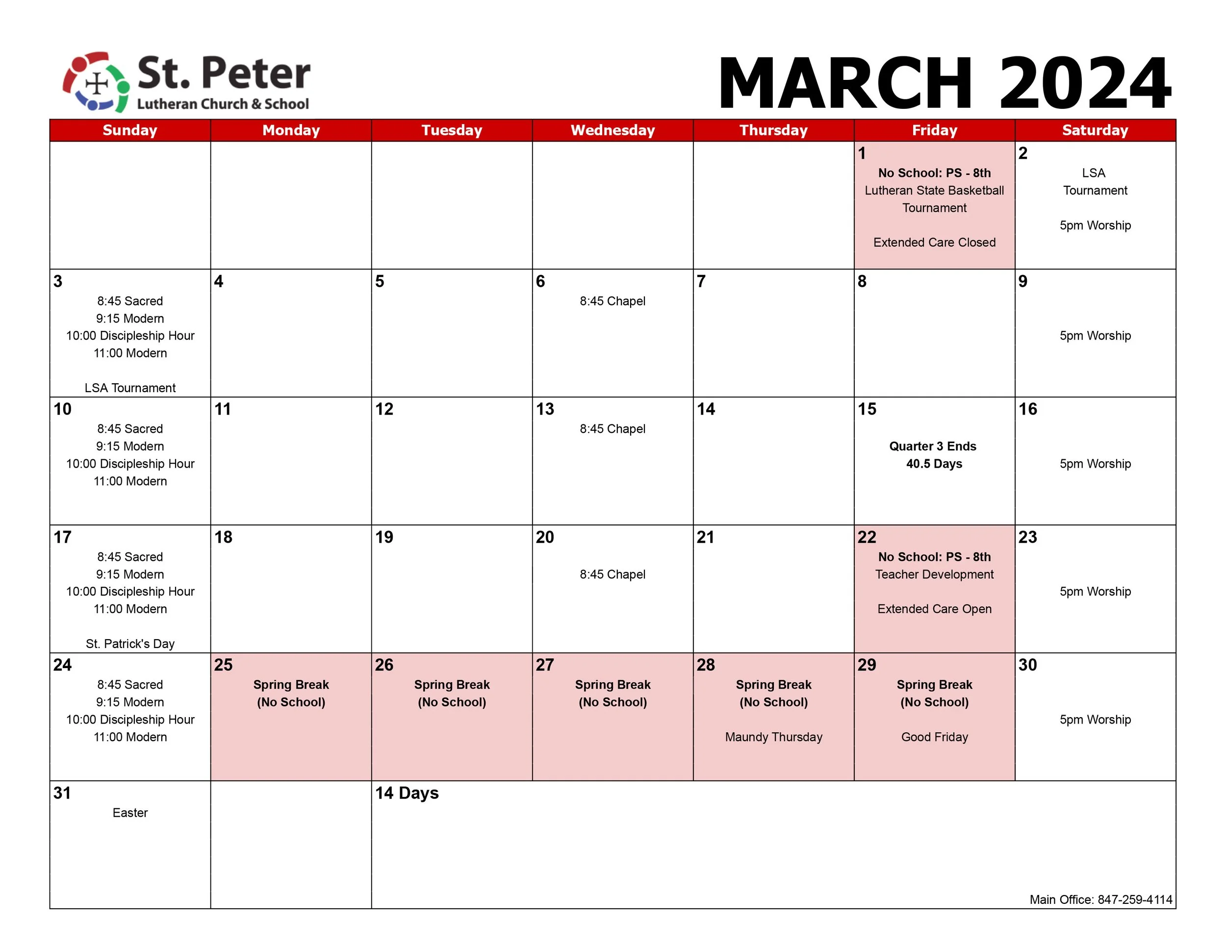 Calendar — St. Peter Lutheran School