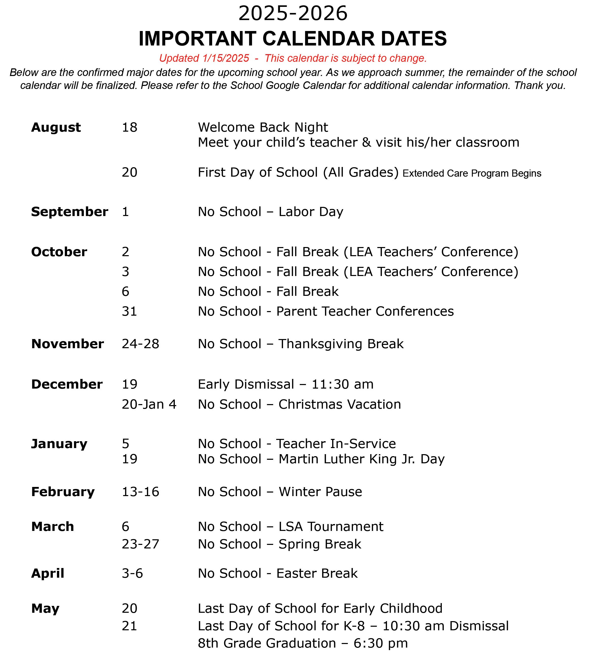 Calendar — St. Peter Lutheran School