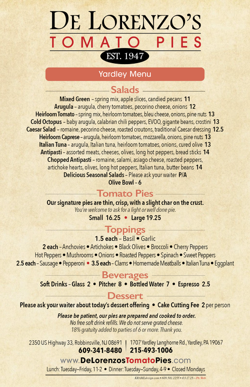 MENUS — De Lorenzo's Tomato Pies Est. 1947