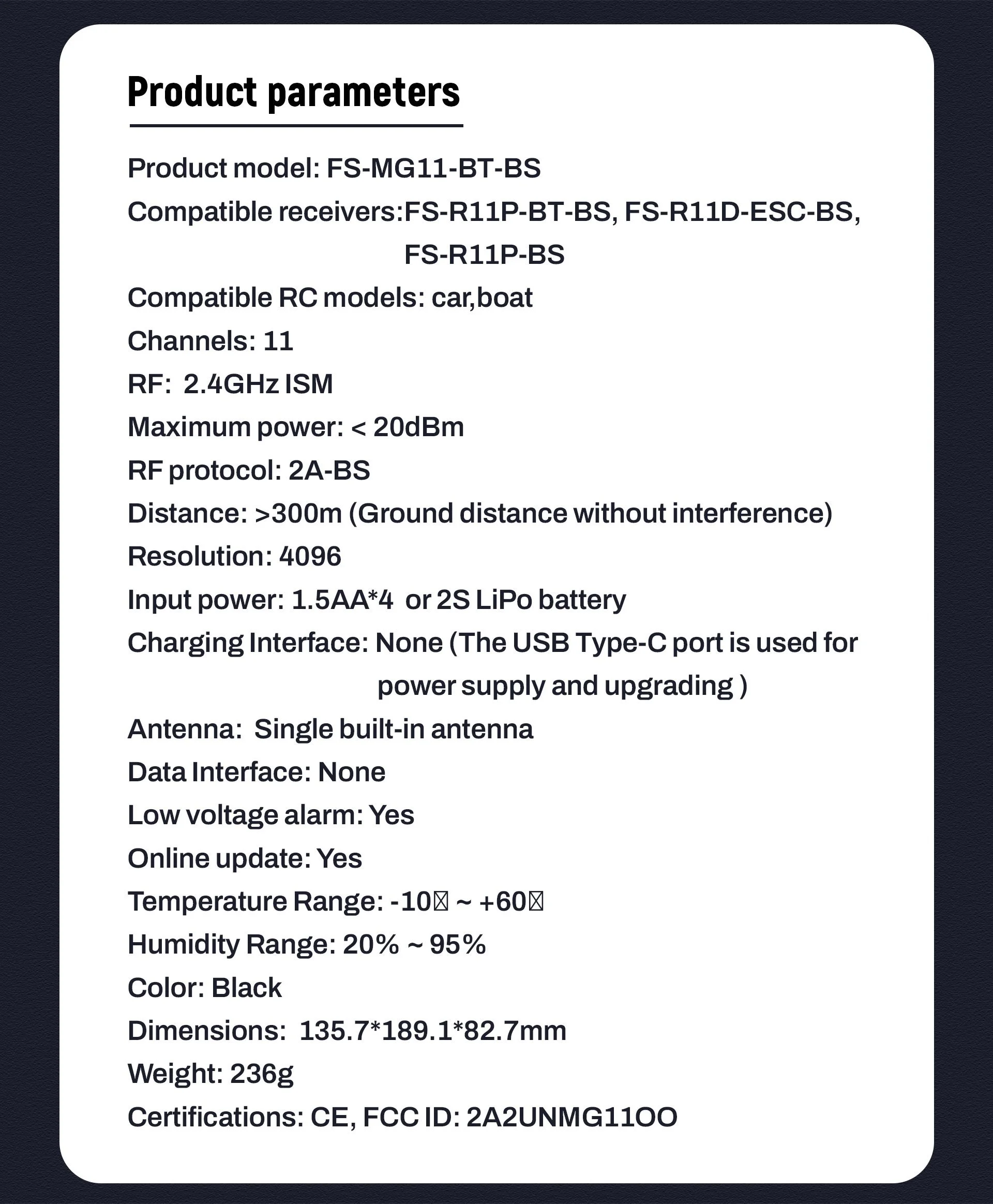 FS-MG11-BT-BS-SPECIFICATION | Flysky