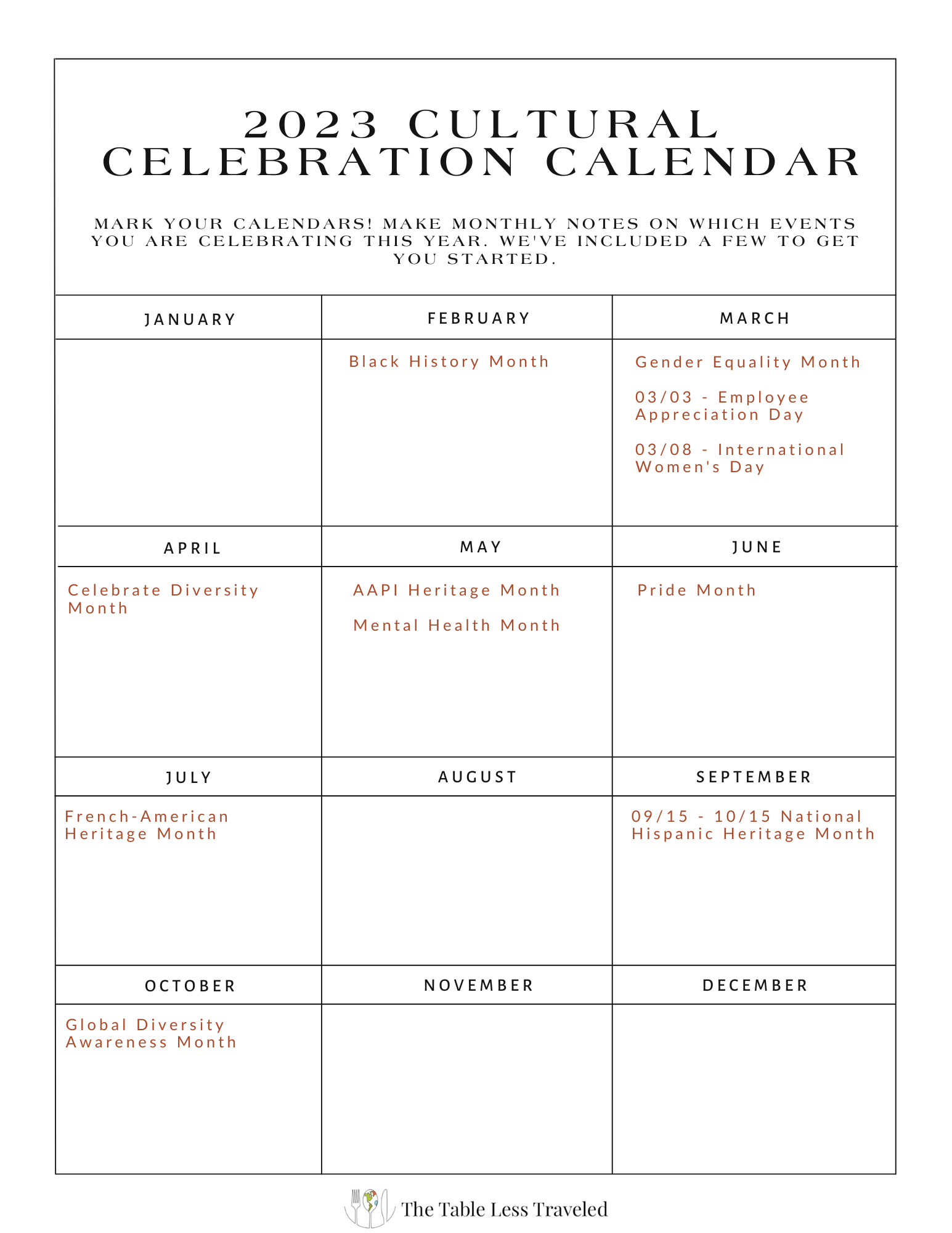 2023 Cultural Celebration Calendar