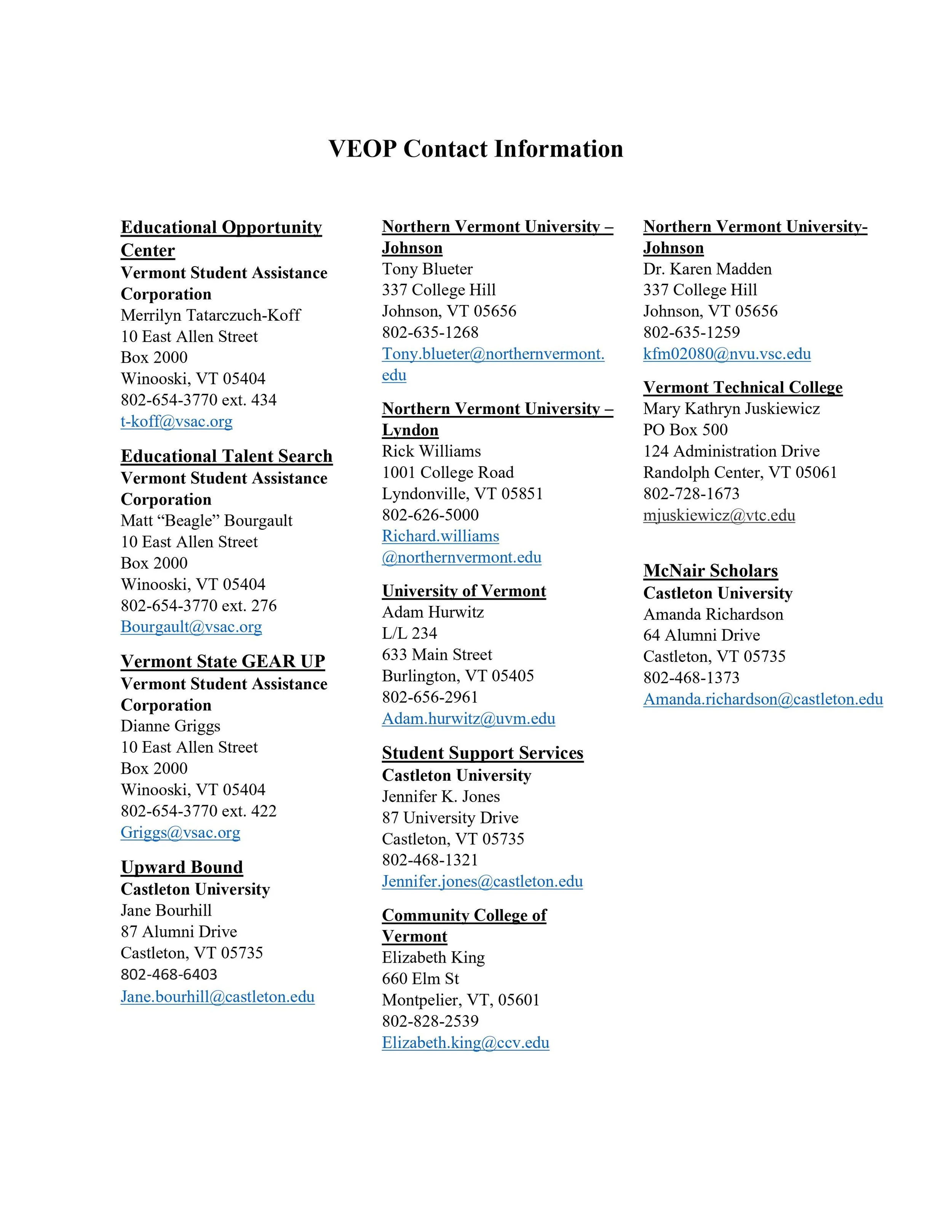 VEOP Fact Sheet — Vermont Educational Opportunity Programs