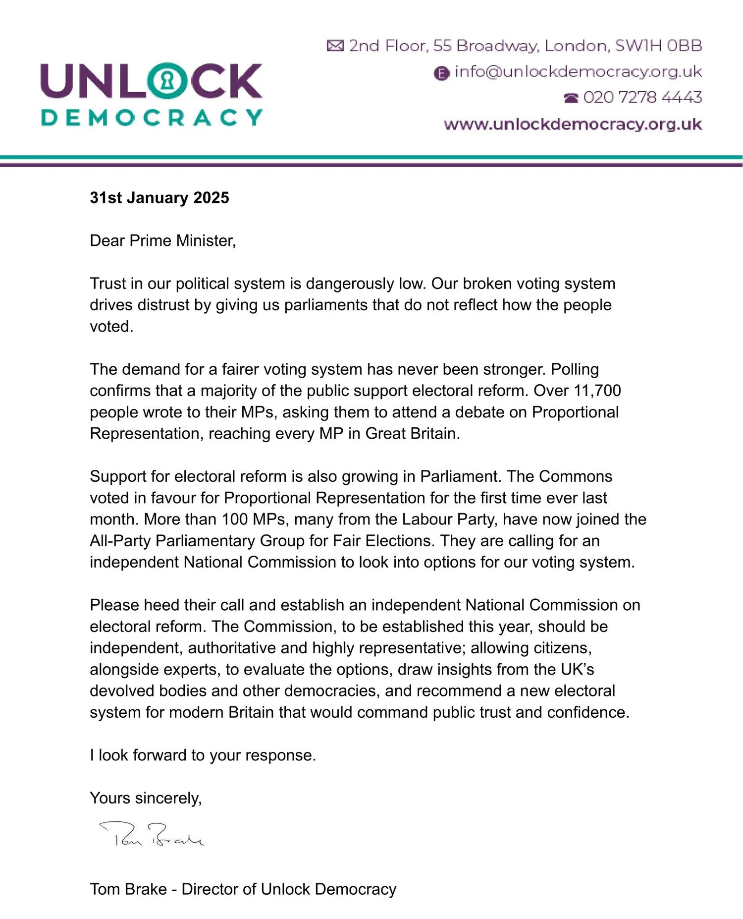 Letter Prime Minister | Replace our broken voting system — Unlock Democracy