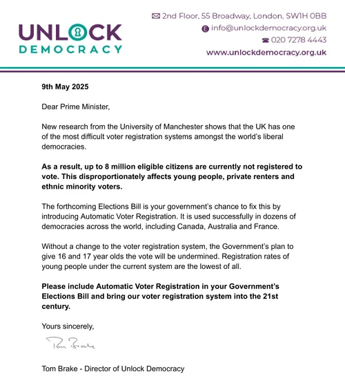 Letter to the Prime Minister | Automatic Voter Registration — Unlock ...
