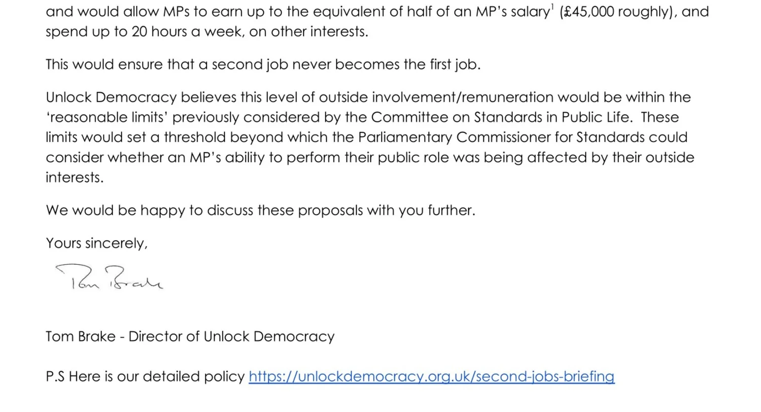 Our letter | MPs' second jobs — Unlock Democracy