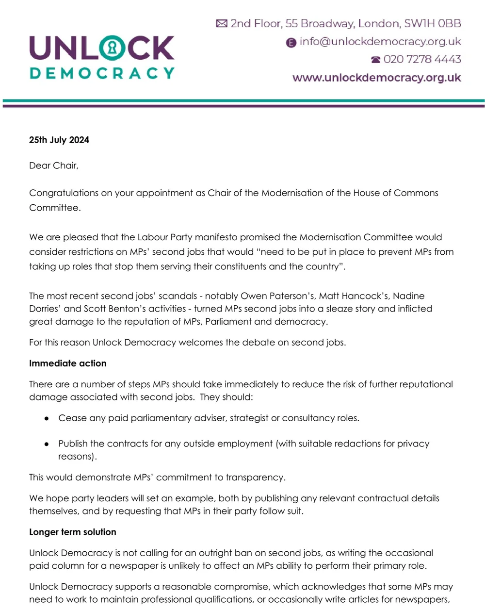 Our letter | MPs' second jobs — Unlock Democracy